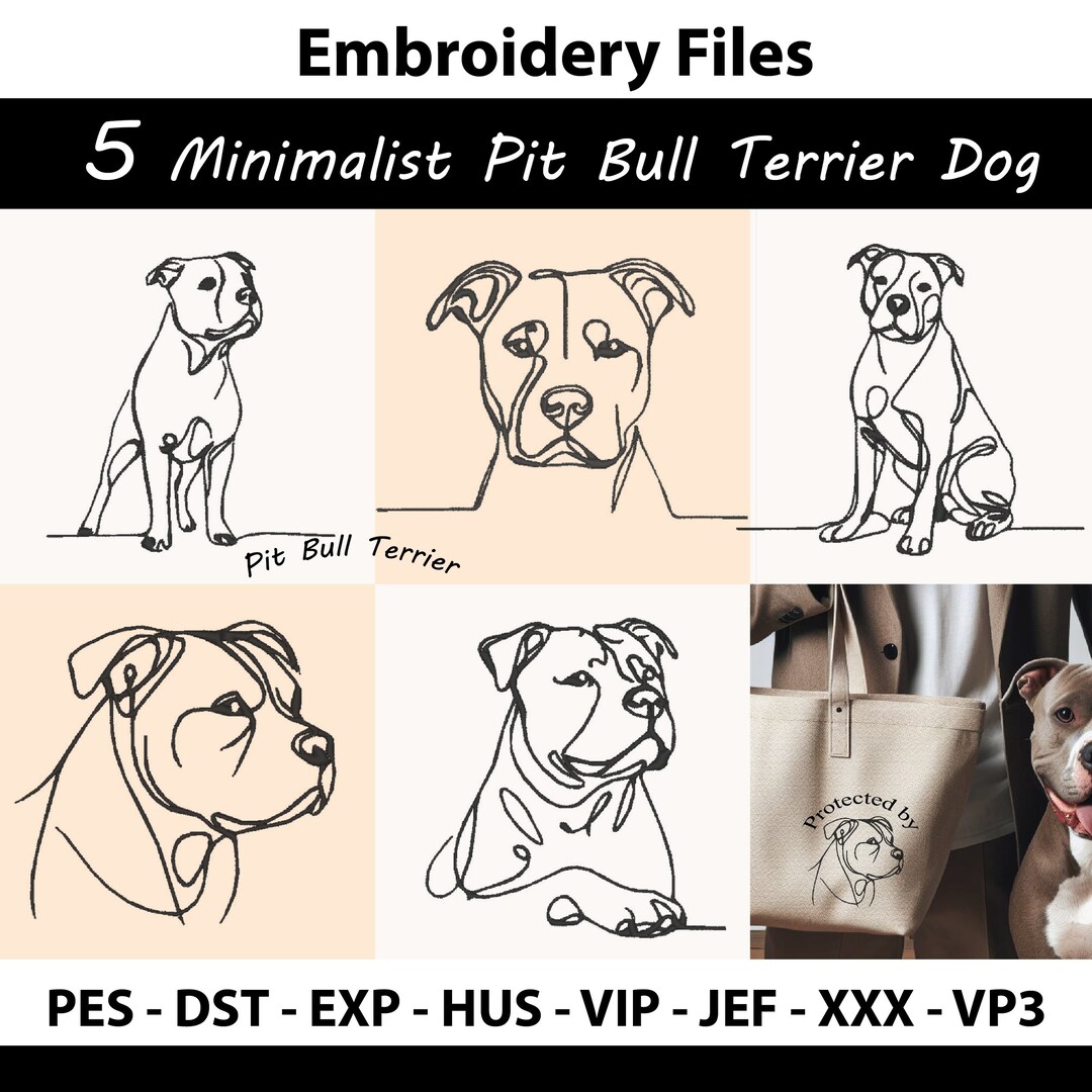 5 Embroidery Design Minimalist Pit Bull Terrier Dog Line Art,dog Breed ...