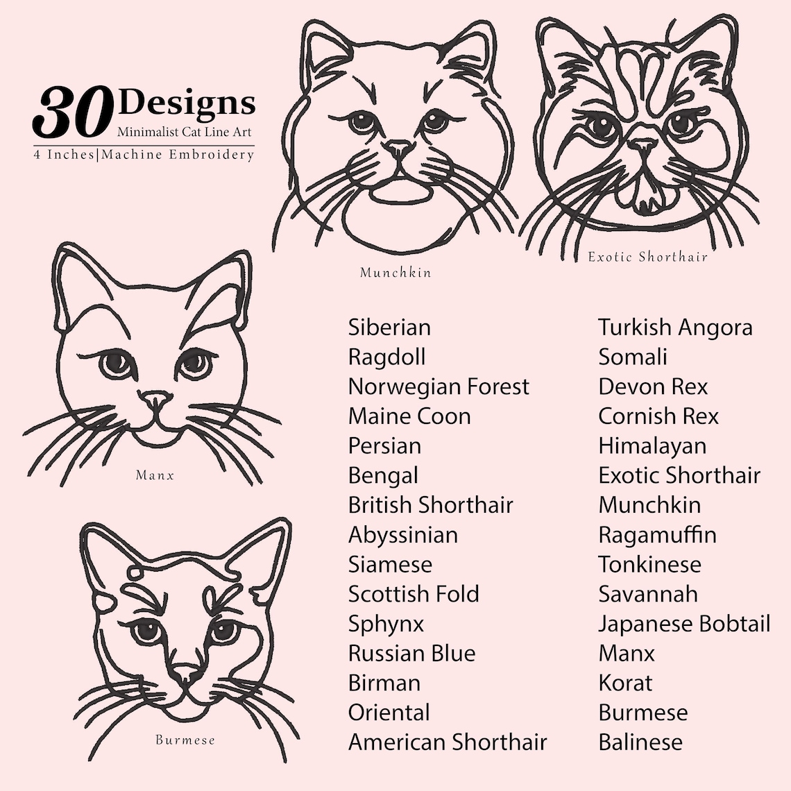 30 Cat Breeds | Minimalist Cat Embroidery Designs,pet Portrait ...