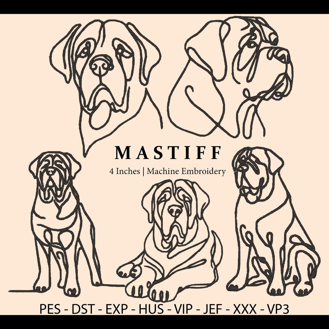 5 Embroidery Design Minimalist Mastiff Line Art,dog Breed,pet ...