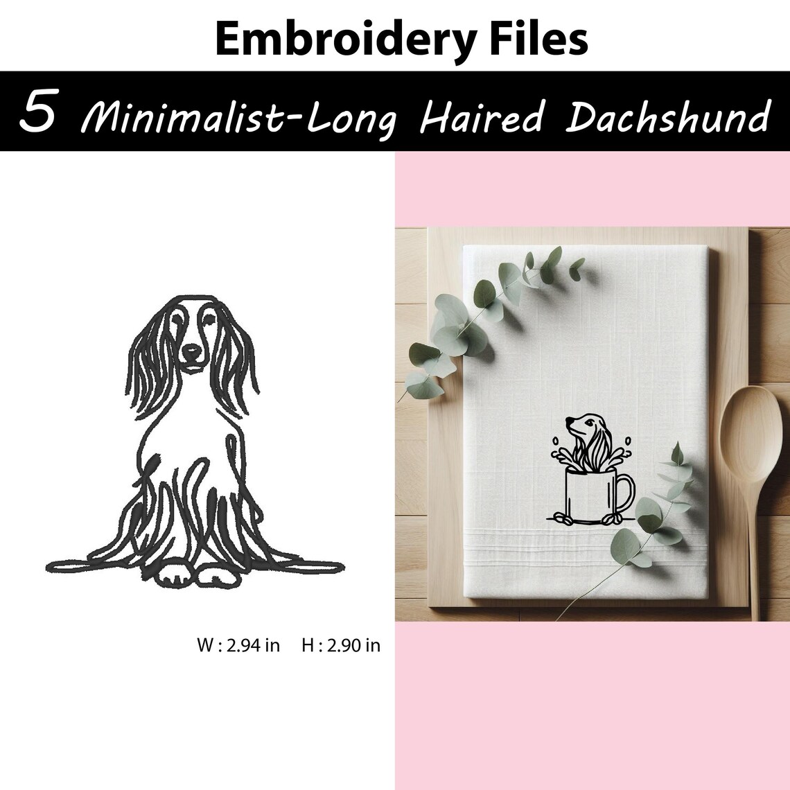 3x3 Inches | 5 Embroidery Design Minimalist Long Haired Dachshund Line ...