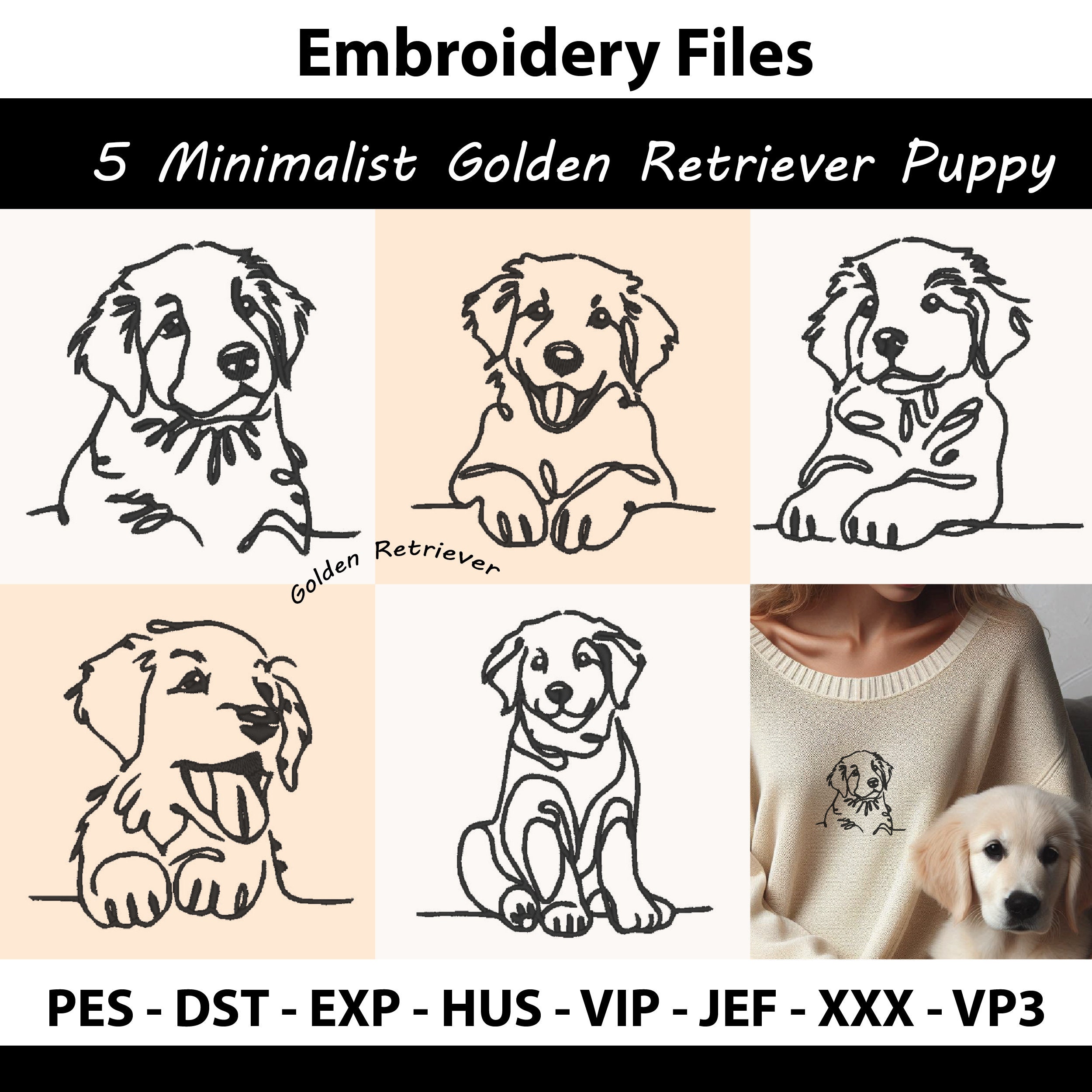 5 Embroidery Design Minimalist Golden Retriever Puppy Line Art,dog ...