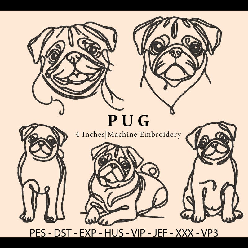 Pug Outline Embroidery - Etsy UK
