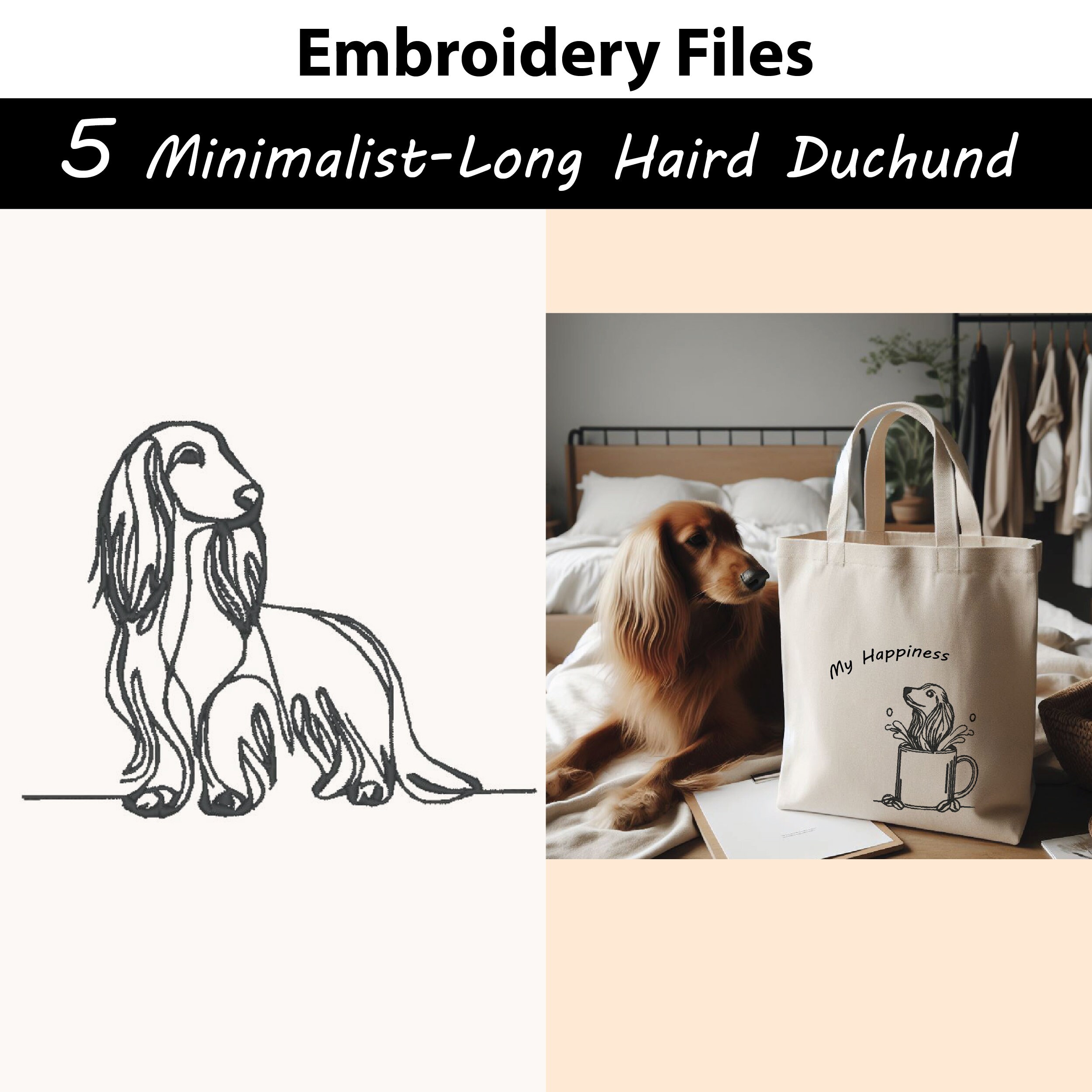 5 Embroidery Design Minimalist Long Haired Duchund Line Art,dog Breed ...