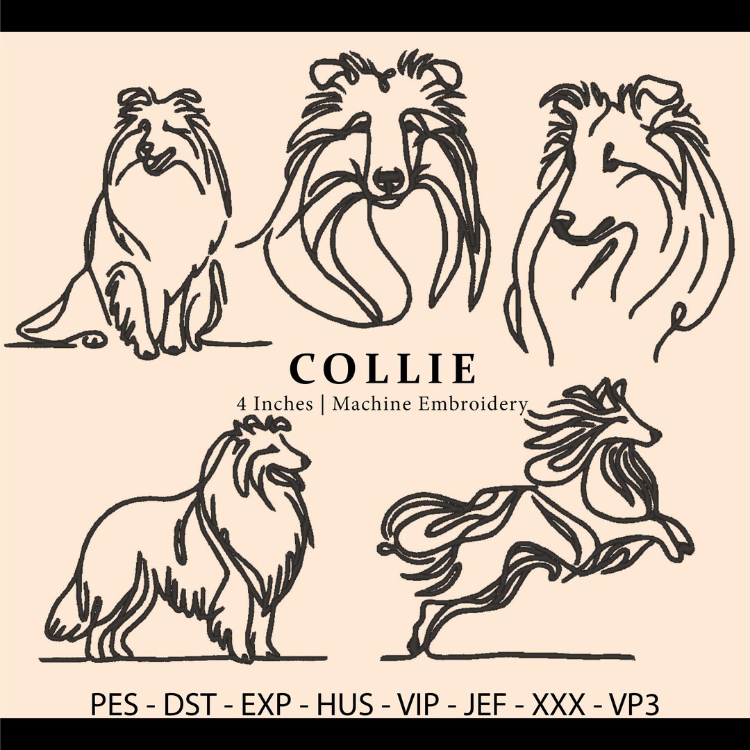 5 Embroidery Design Minimalist Collie Line Art,dog Breed,pet Embroidery ...