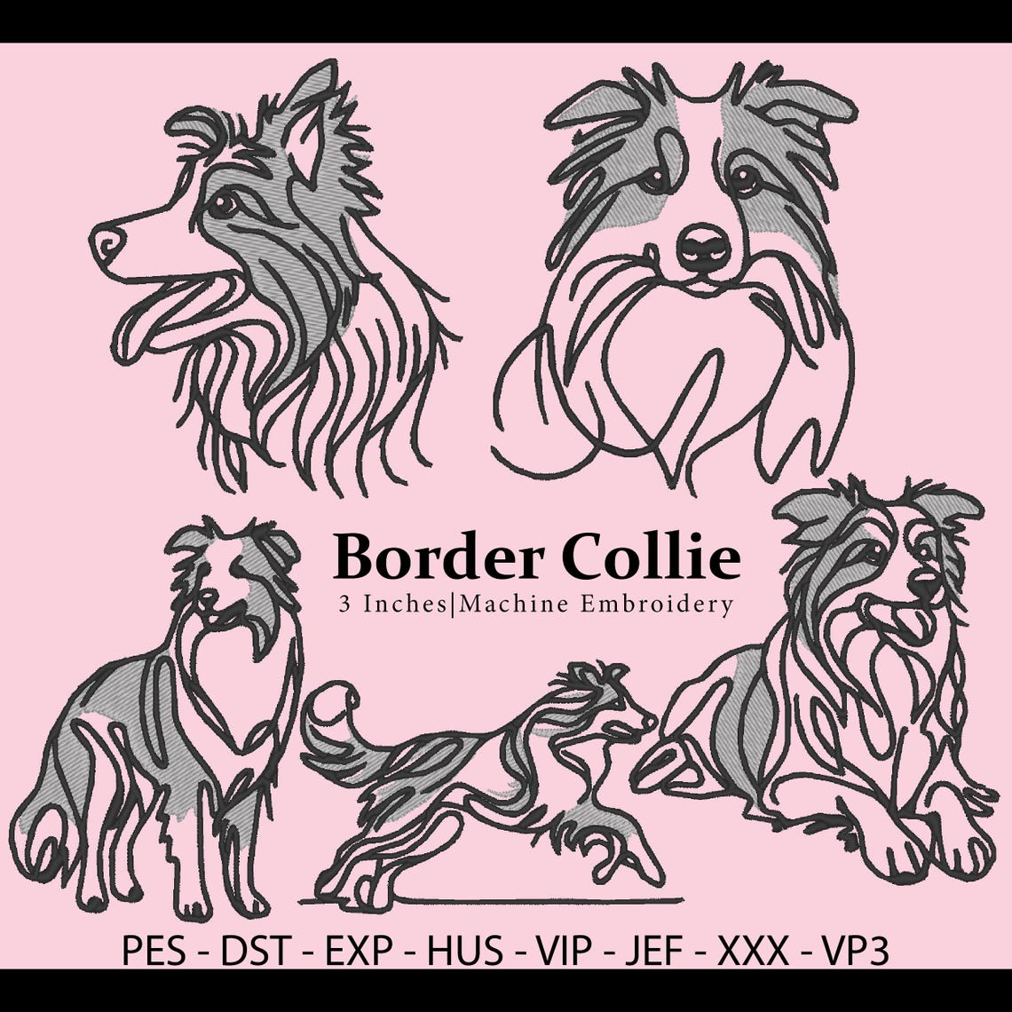 3x3 Inches | 5 Embroidery Design Minimalist Border Collie Line Art,dog ...