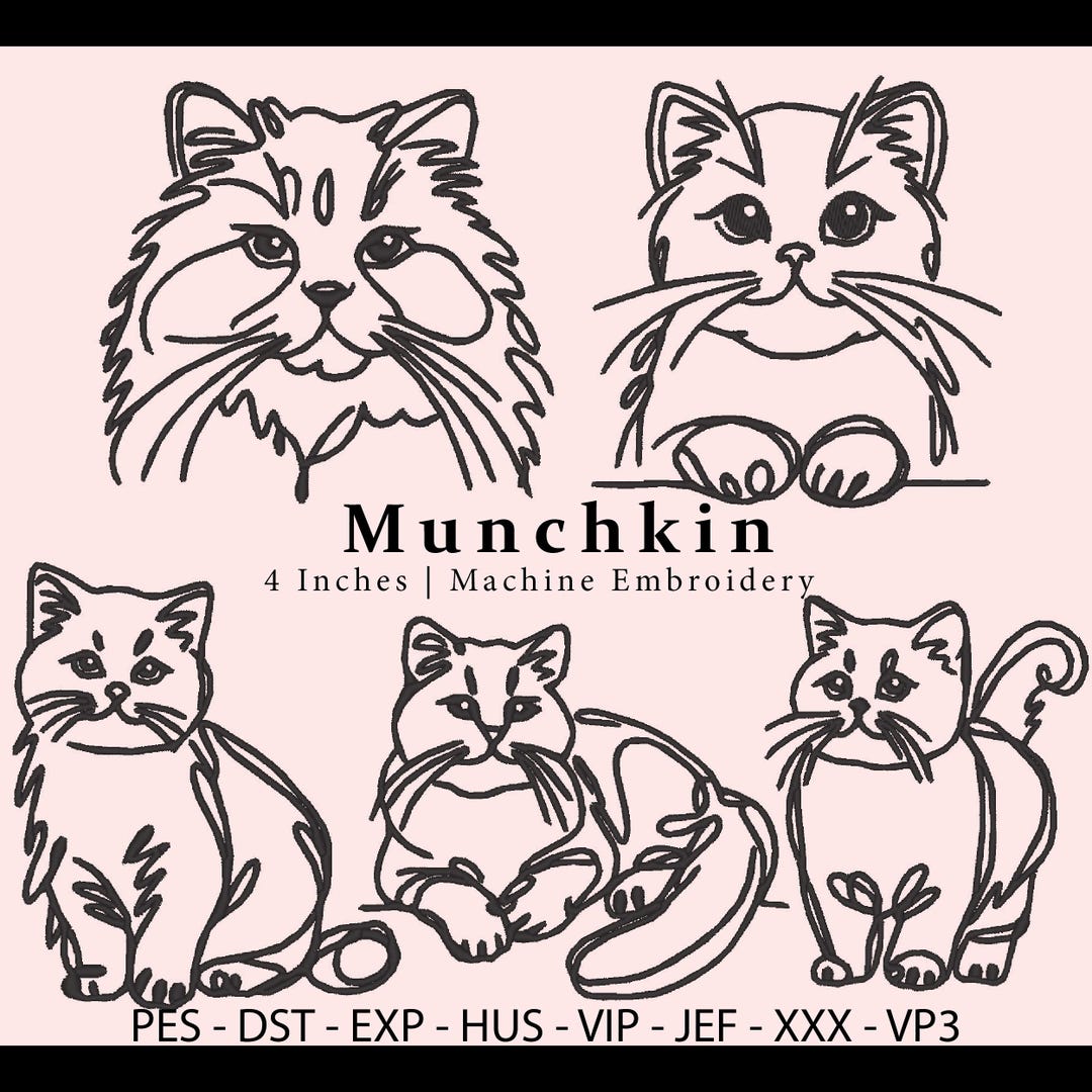 5 Munchkin Cat Designs | 4 Inches | Minimalist Embroidery Designs,pet ...