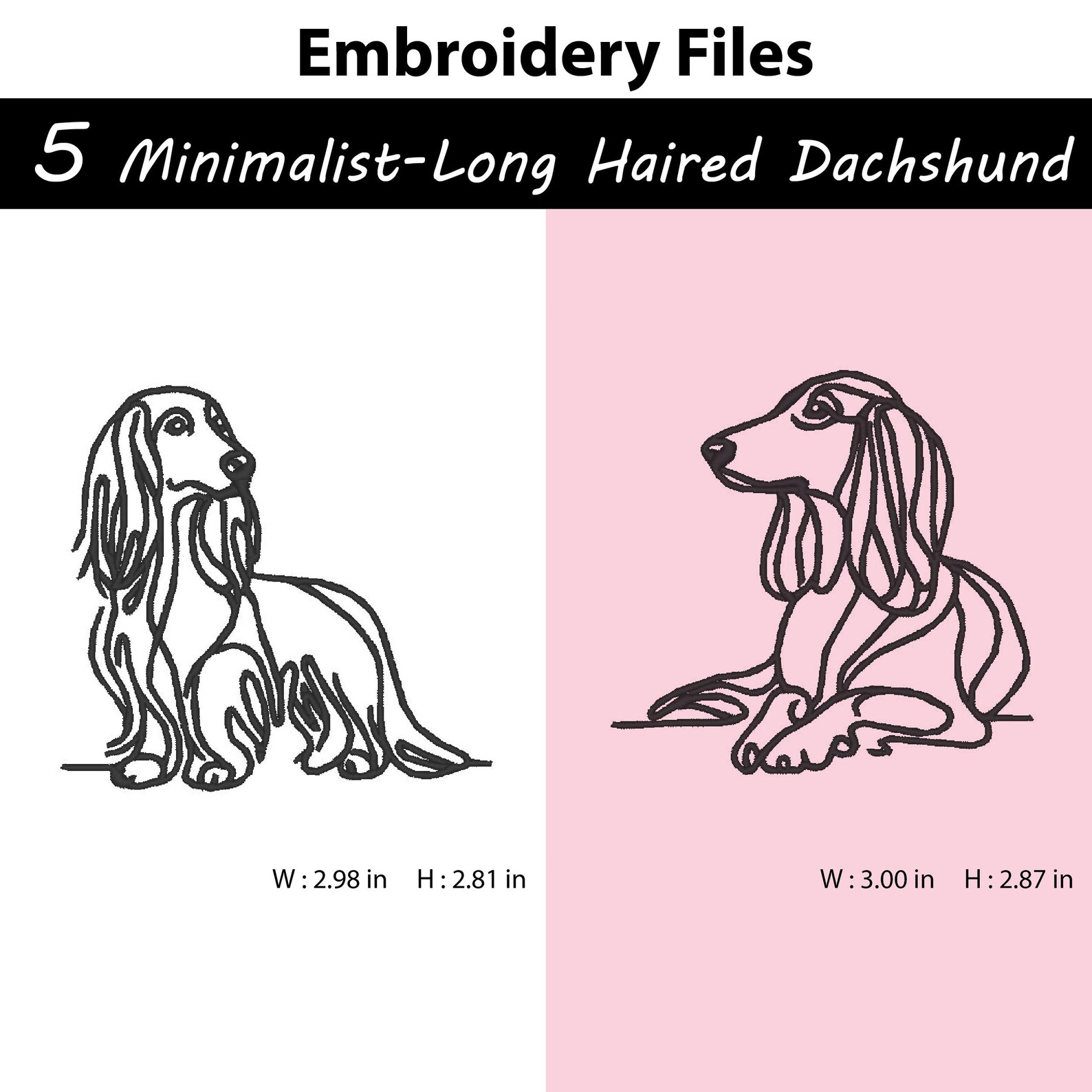 3x3 Inches | 5 Embroidery Design Minimalist Long Haired Dachshund Line ...
