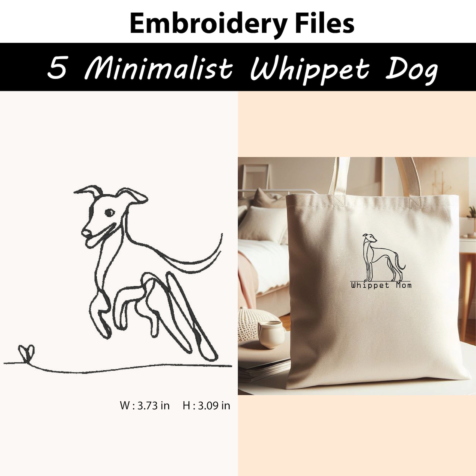 5 Embroidery Design Minimalist Whippet Dog Line Art,dog Breed,pet ...