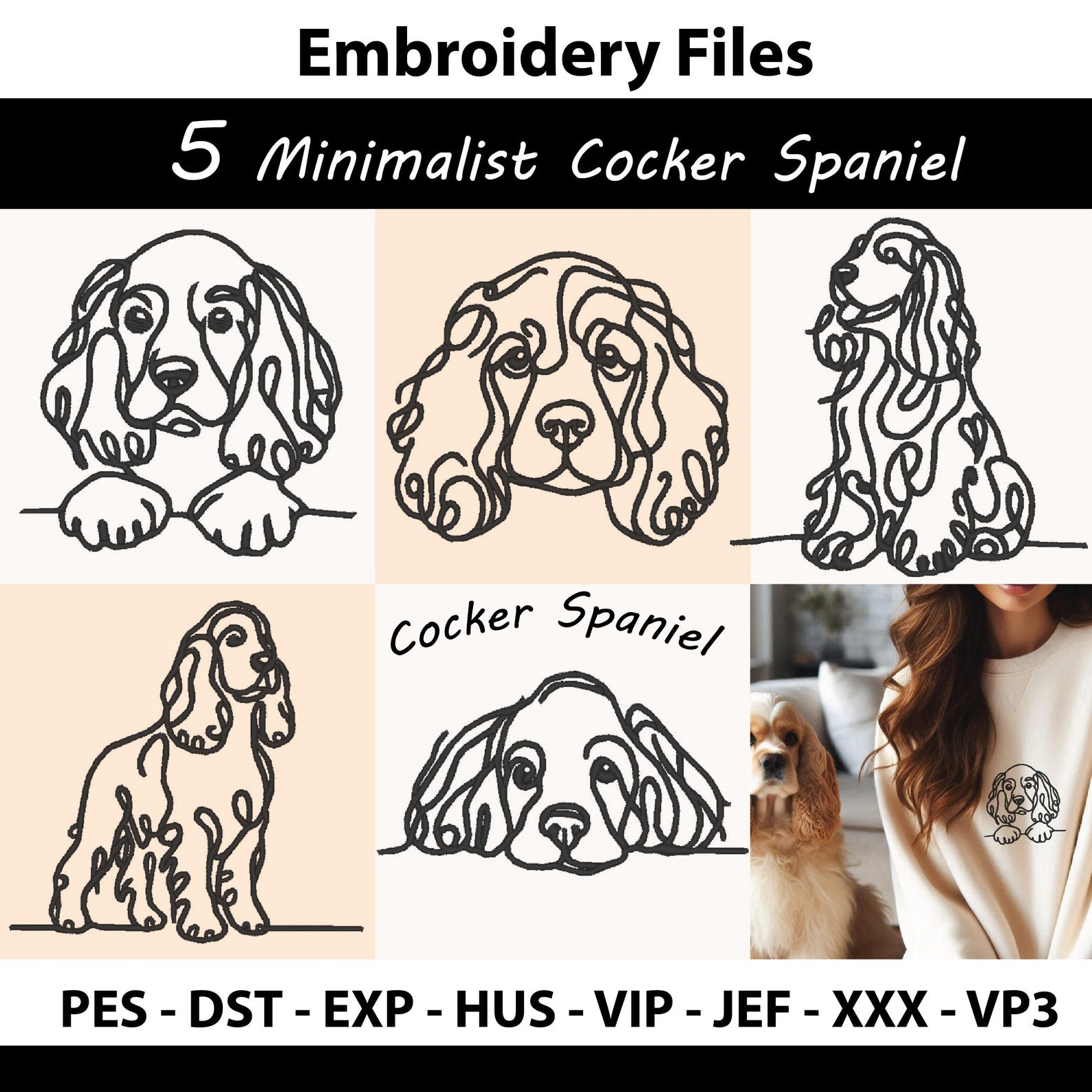 5 Embroidery Design Minimalist Cocker Spaniel Line Art,dog Breed,pet ...