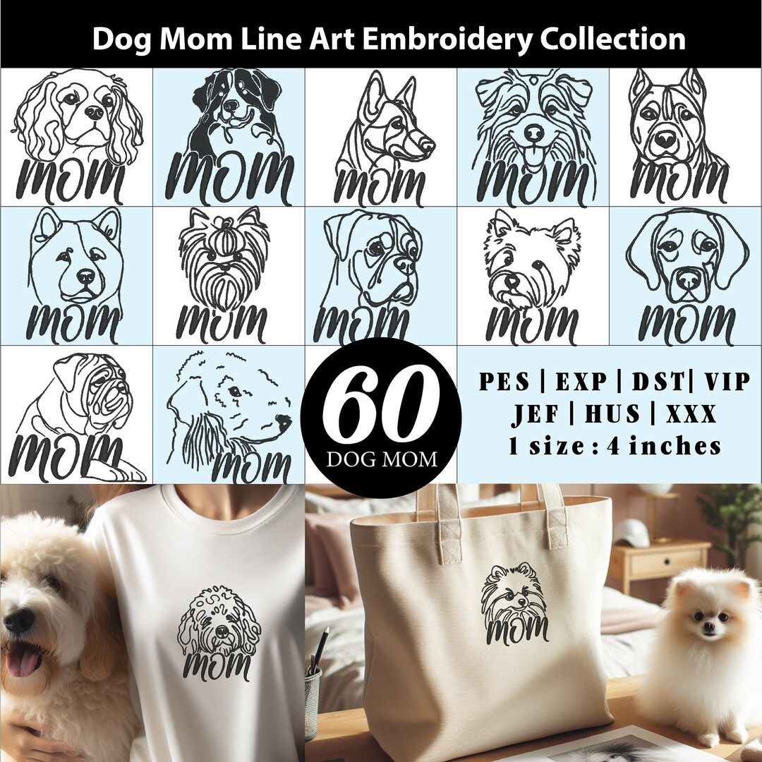 60 Dog Mom Digital Embroidery Machine Designs, Minimalist Dog Line Art ...