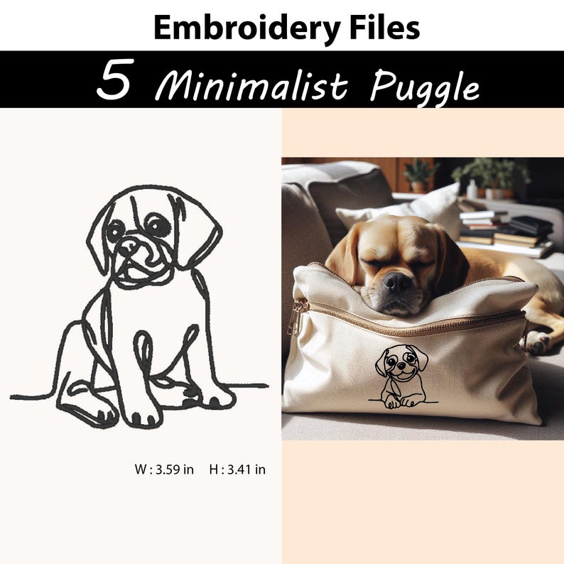5 Embroidery Design Minimalist Puggle Dog Line Art,dog Breed,pet ...