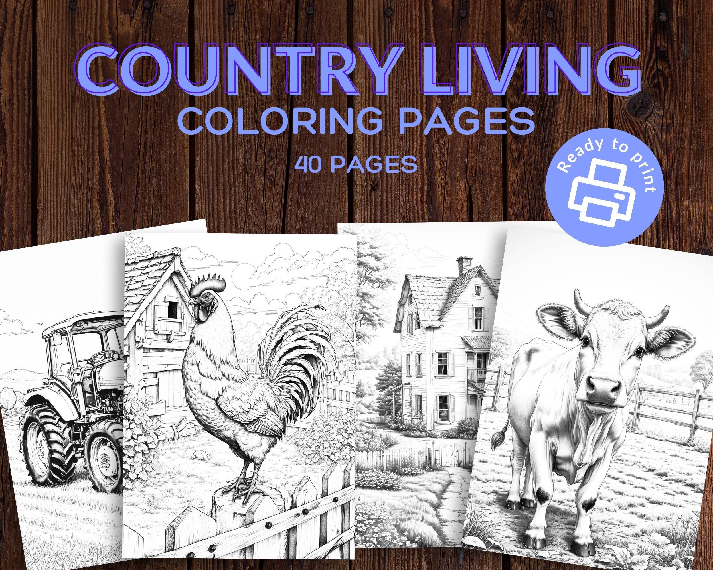 Country Living Coloring Pages, Printable Adult Coloring Sheets, Farm ...