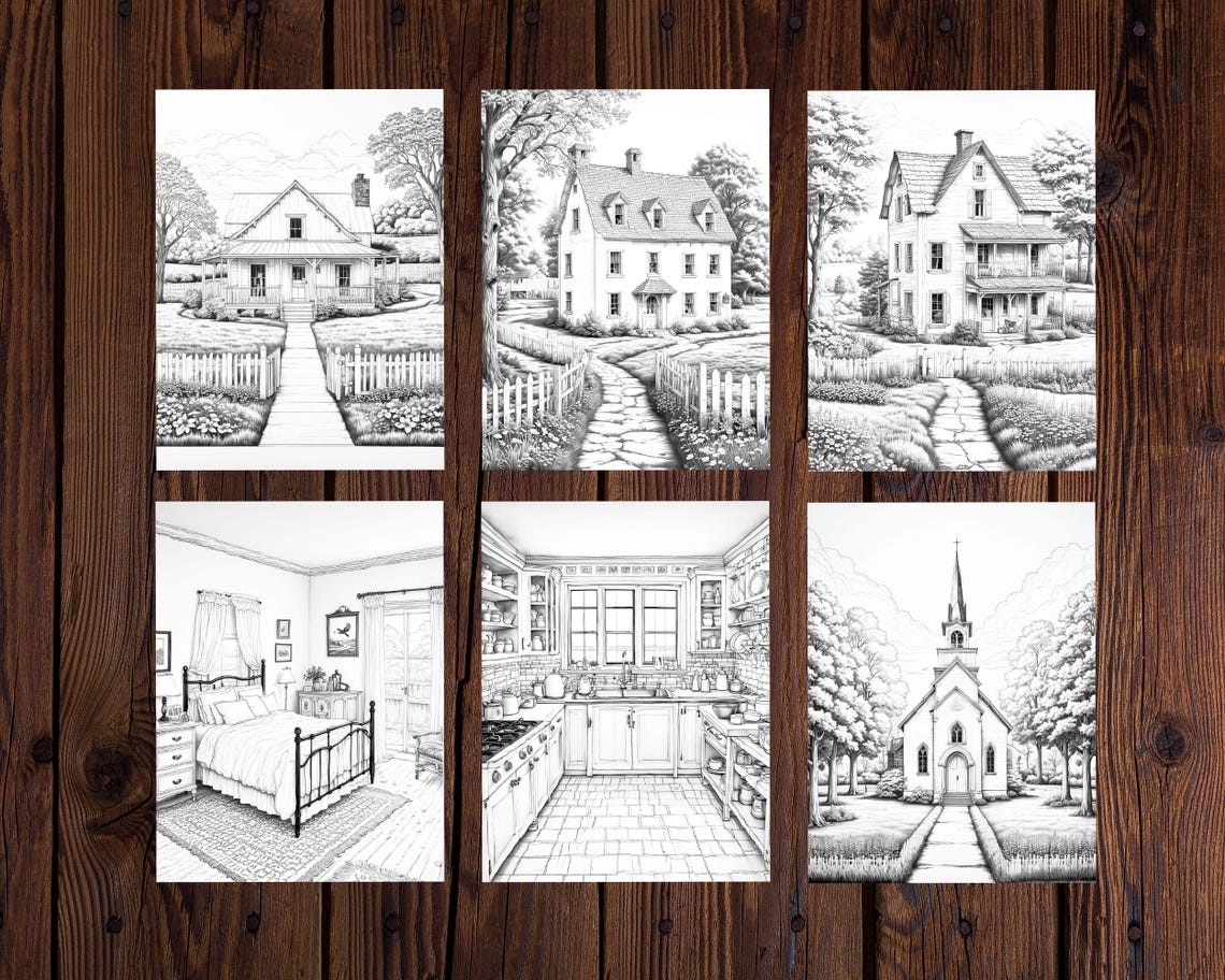 Country Living Coloring Pages, Printable Adult Coloring Sheets, Farm ...