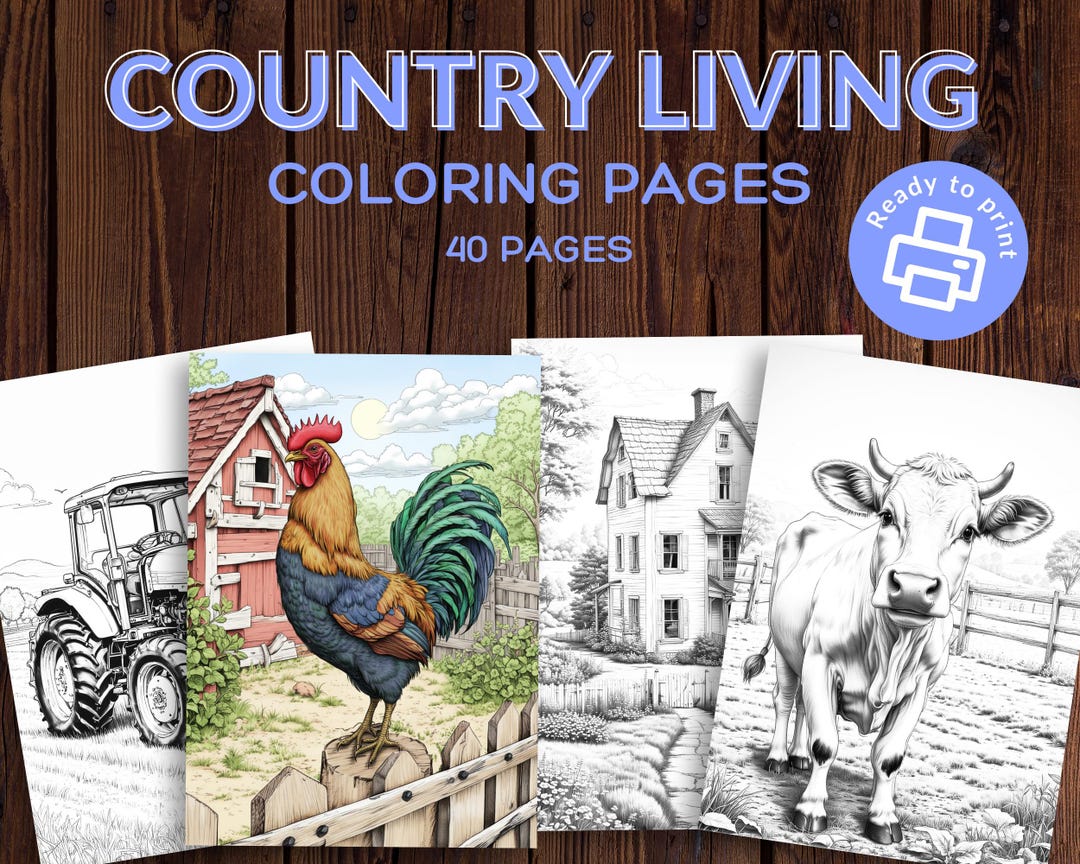 Country Living Coloring Pages, Farm Animals and Landscapes (digital ...