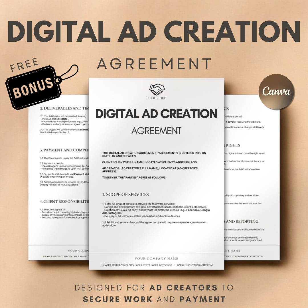 Digital Ad Creation Contract Template | Editable Canva Agreement for ...