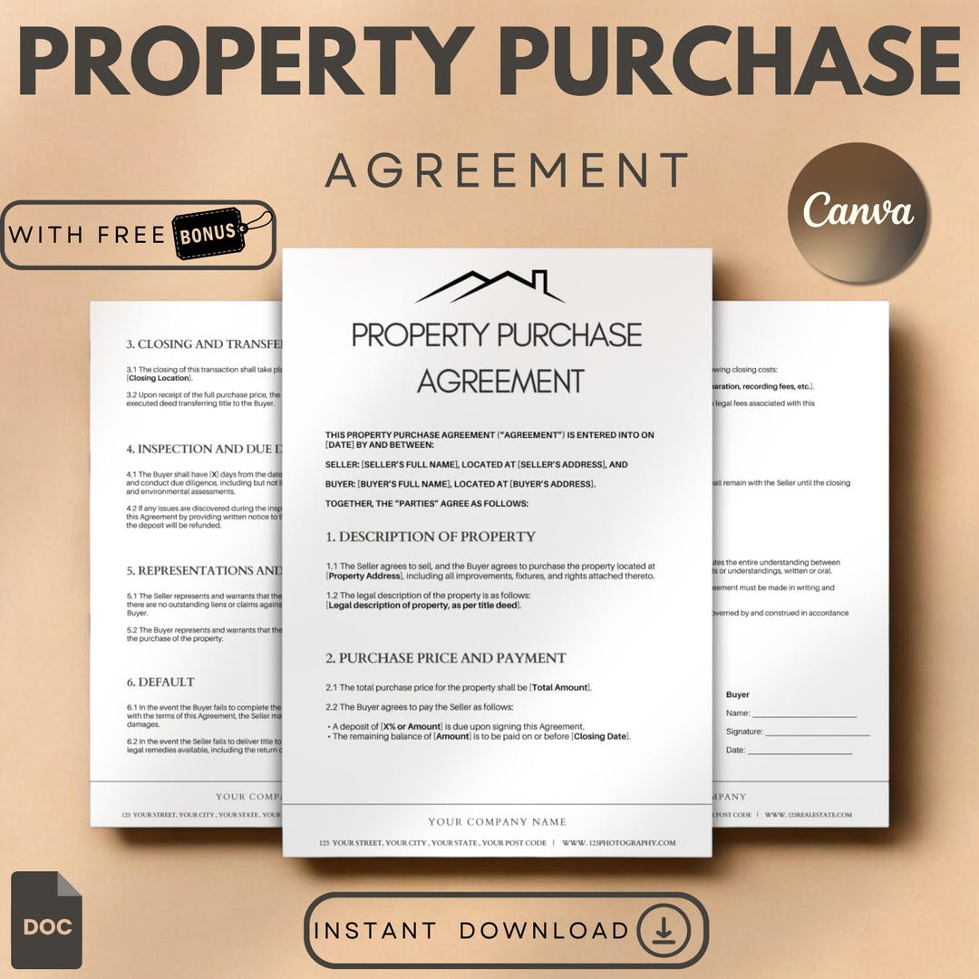 Editable Property Purchase Agreement Template Real Estate Contract for ...