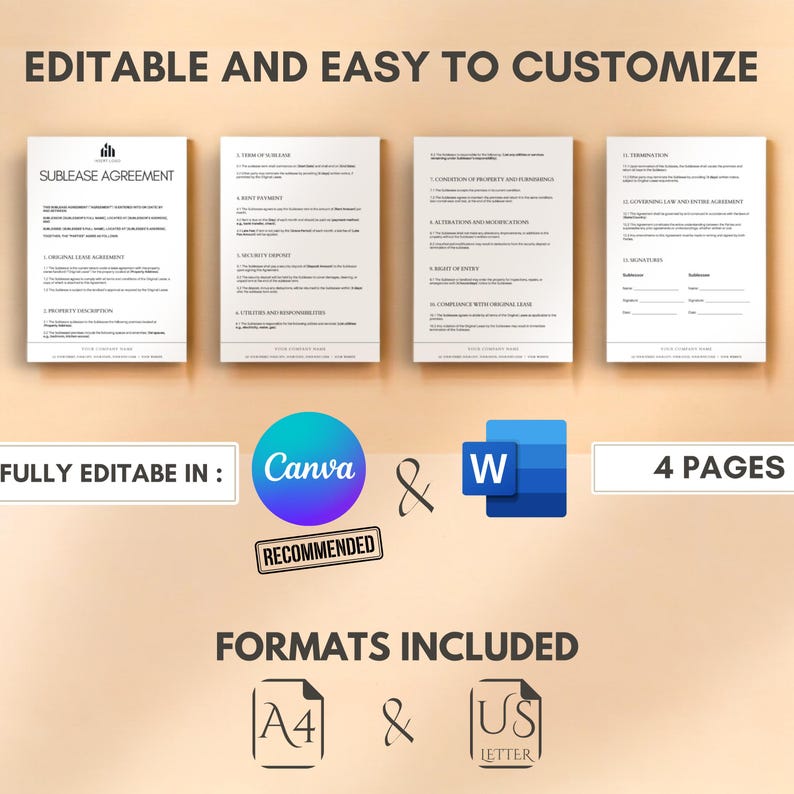 Editable Sublease Agreement Template | Digital Download for Tenants ...