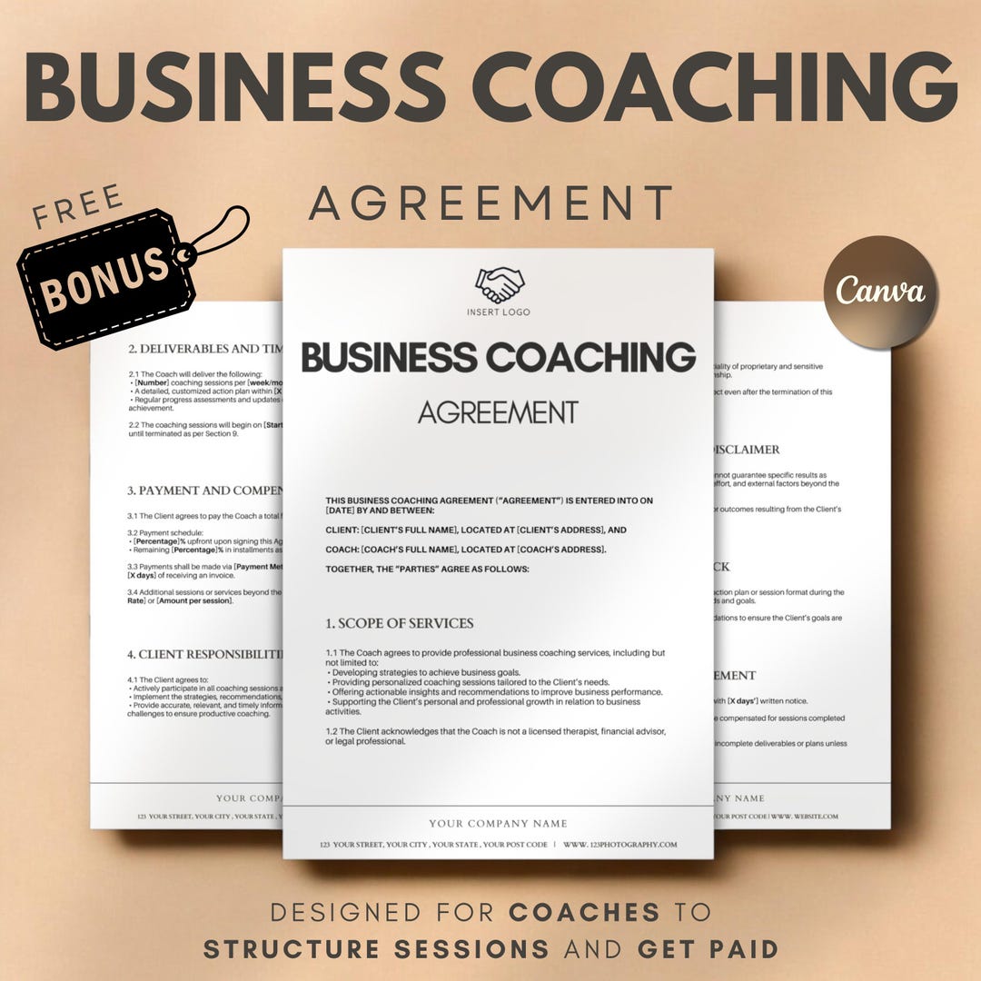 Business Coaching Contract Template | Editable Canva Agreement for ...