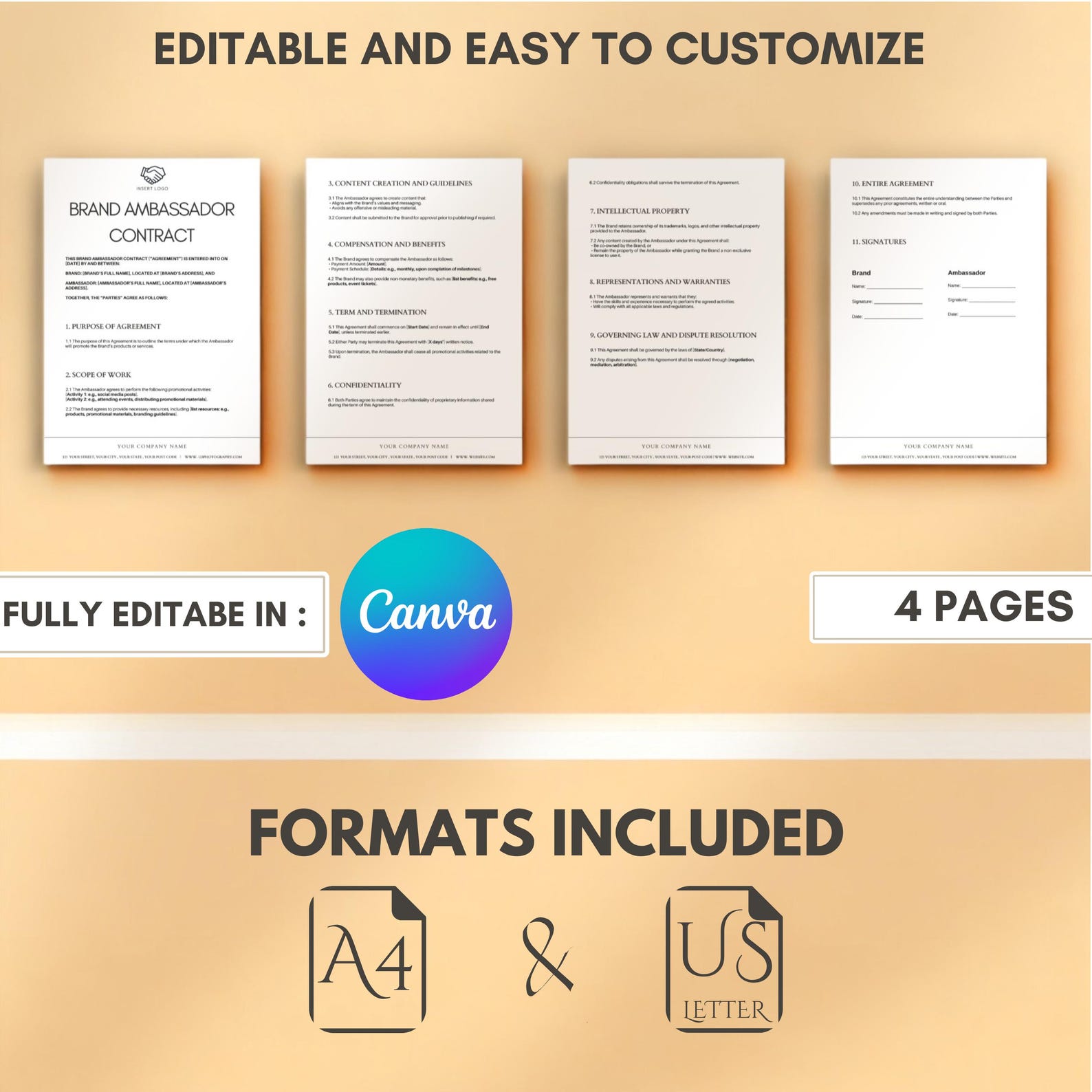 Brand Ambassador Contract Template | Editable Canva Agreement for ...