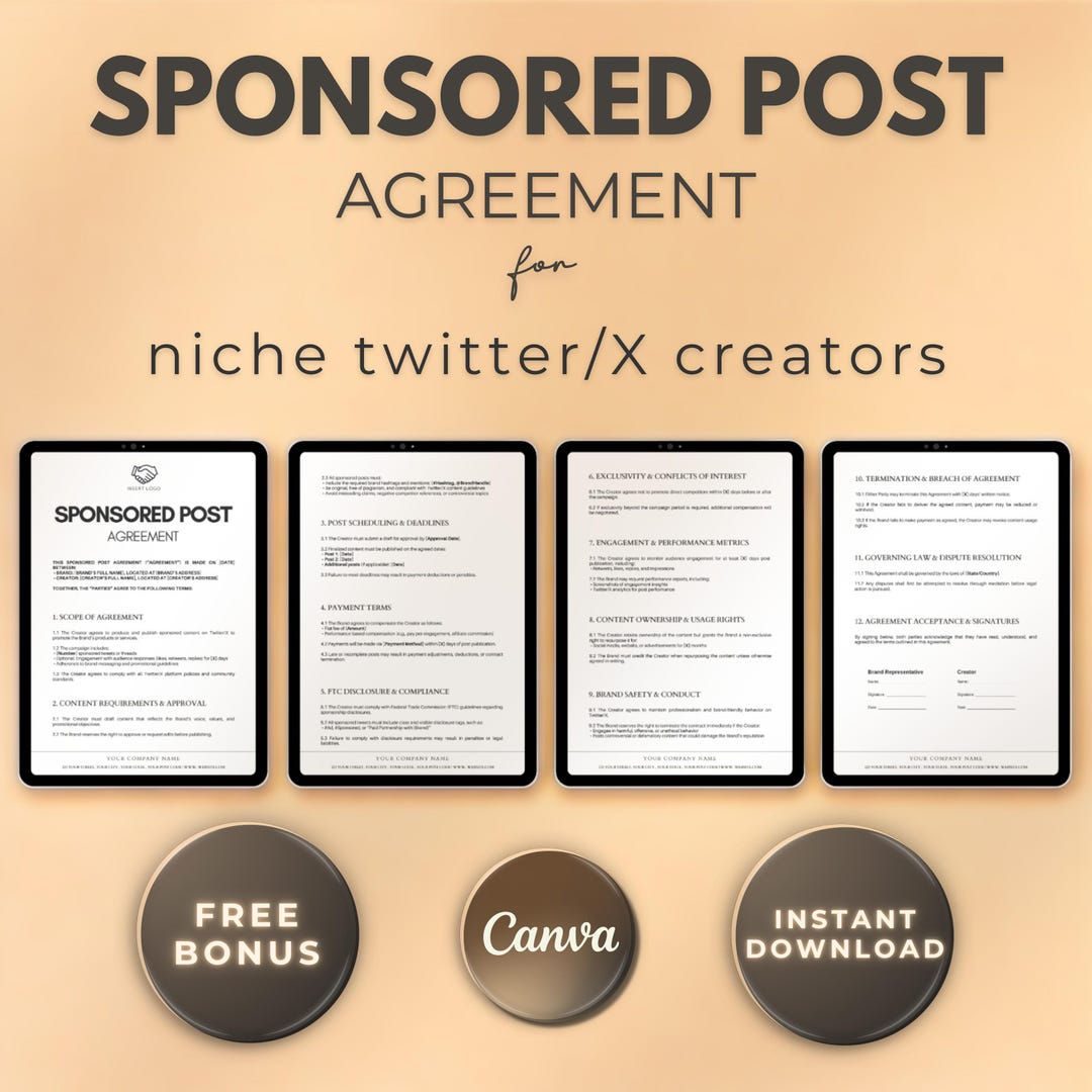 Sponsored Post Agreement for Twitter X Creators | Canva Template ...