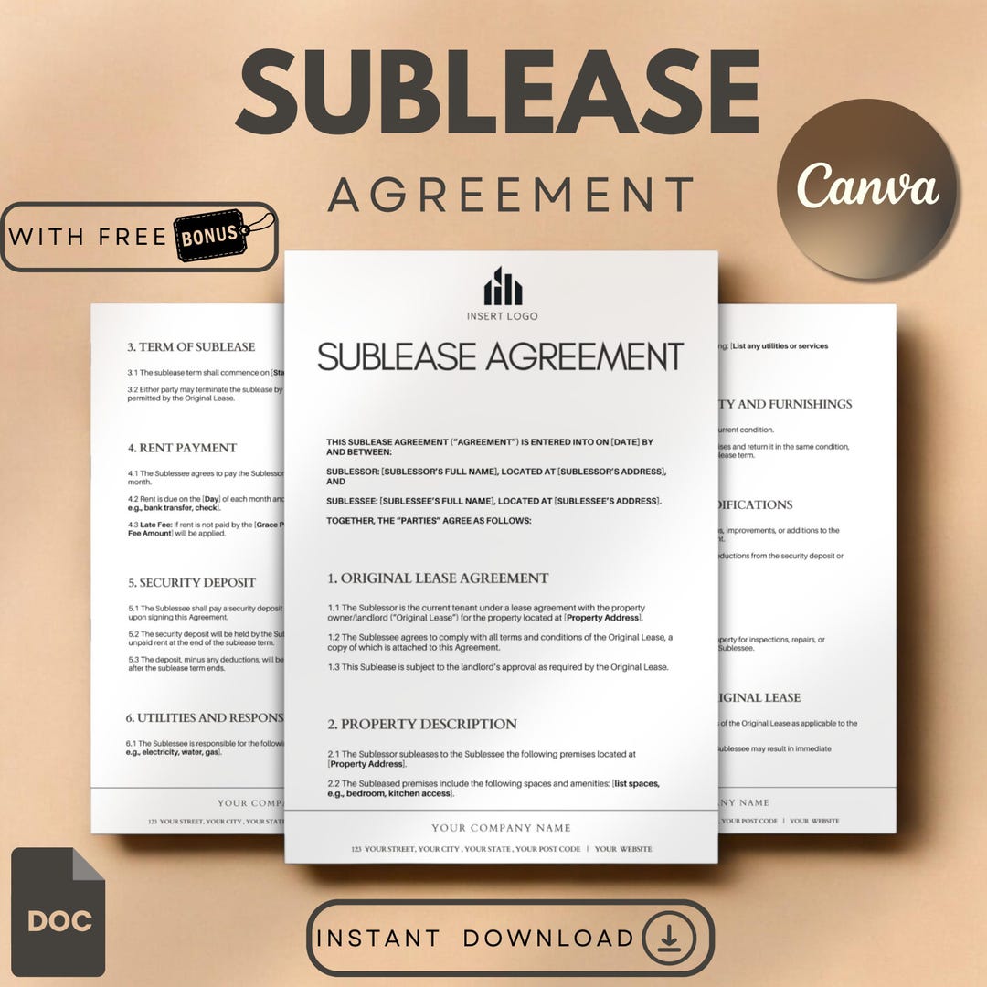 Editable Sublease Agreement Template | Digital Download for Tenants ...