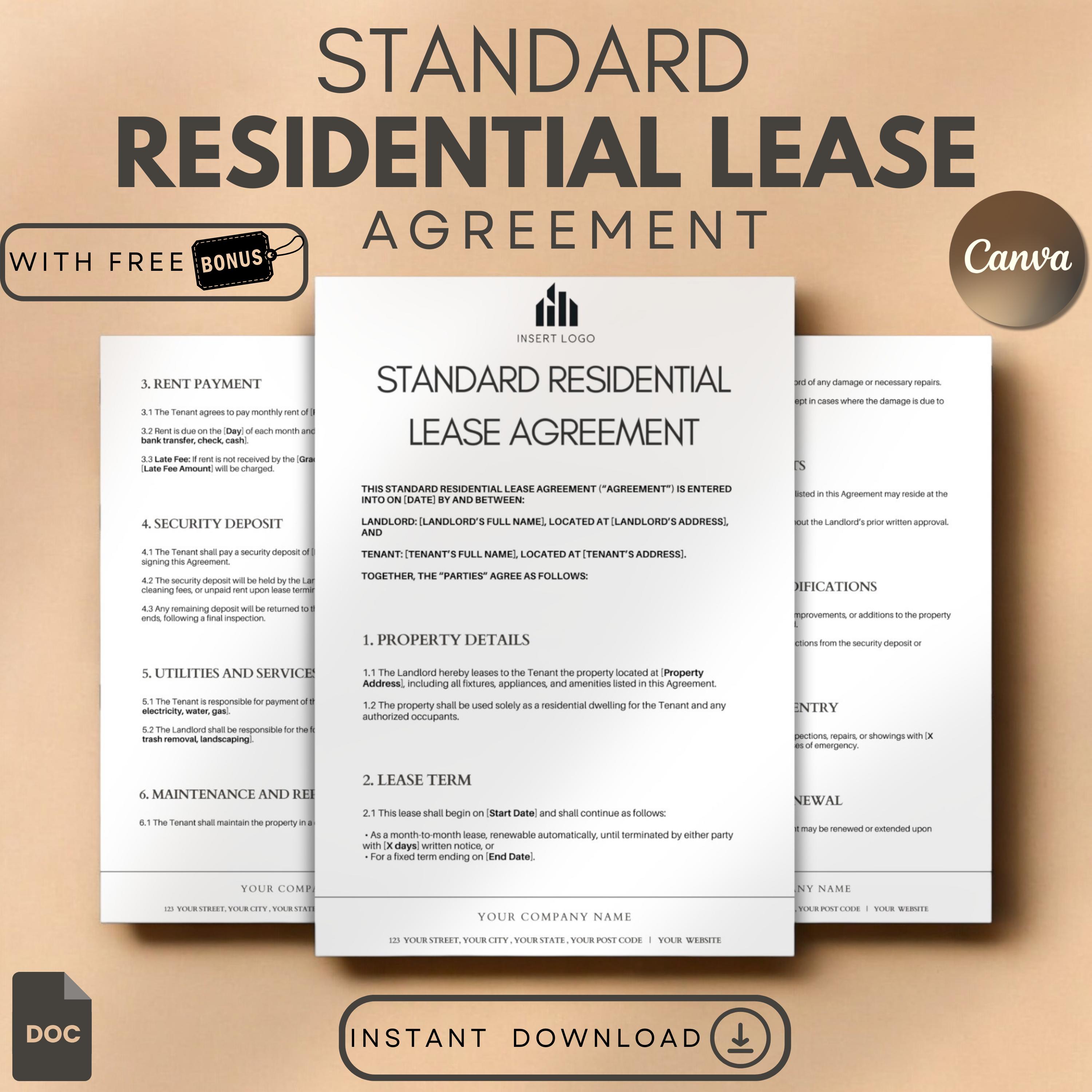 Standard Residential Lease Agreement Template | Editable Rental ...