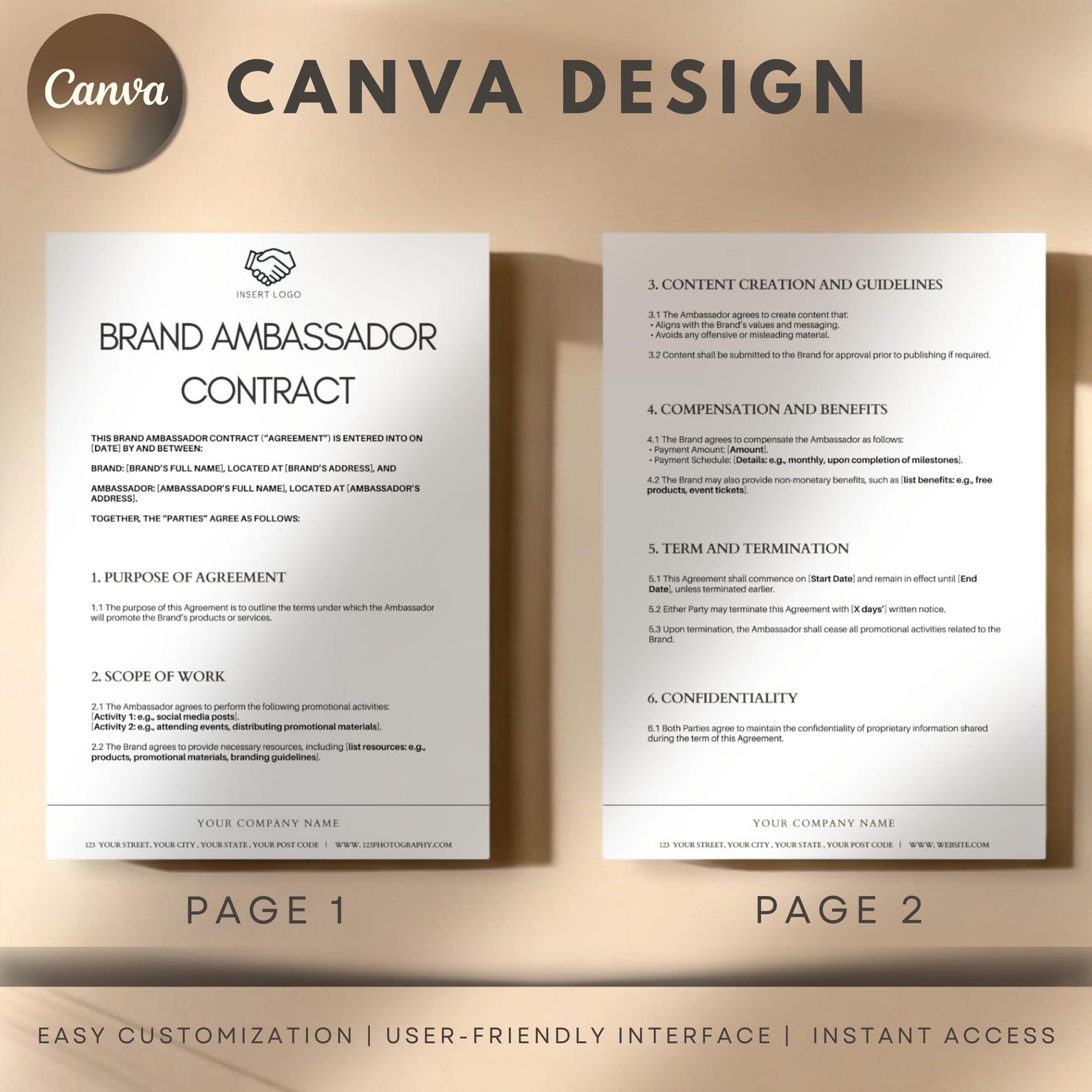 Brand Ambassador Contract Template | Editable Canva Agreement for ...