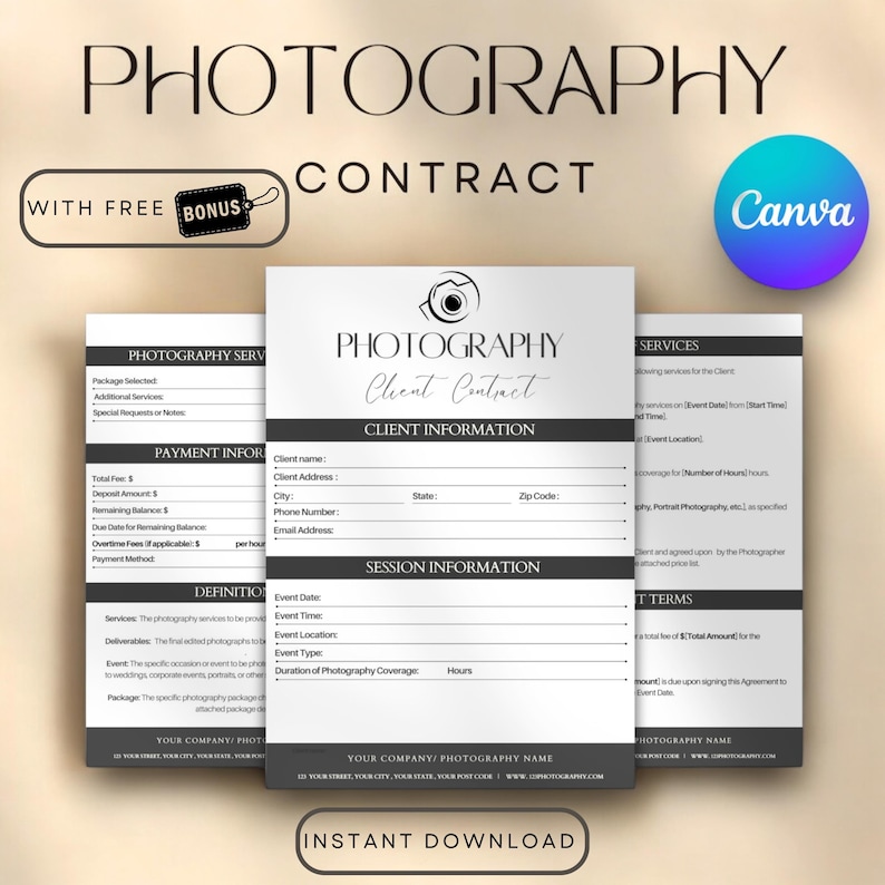 Photography Client Contract Template: Editable Canva Form (digital ...