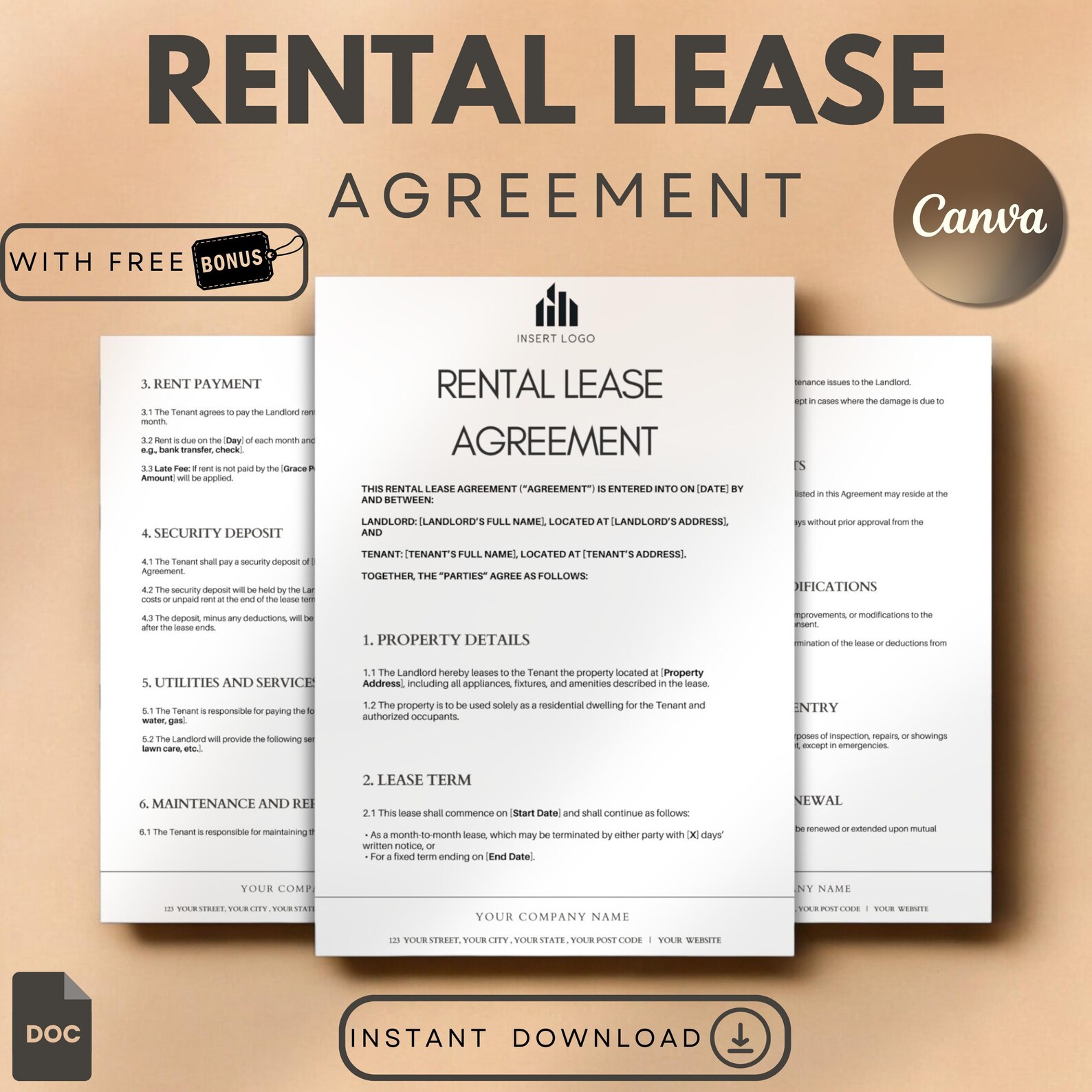 Editable Rental Lease Agreement Template: Canva & Word (digital ...