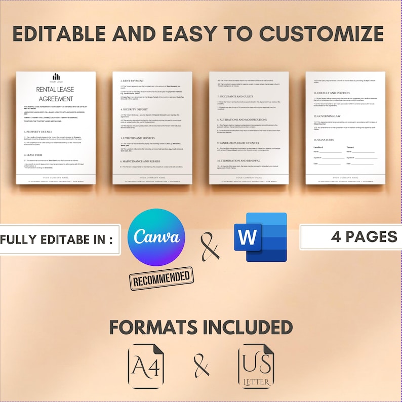Editable Rental Lease Agreement Template: Canva & Word (digital ...