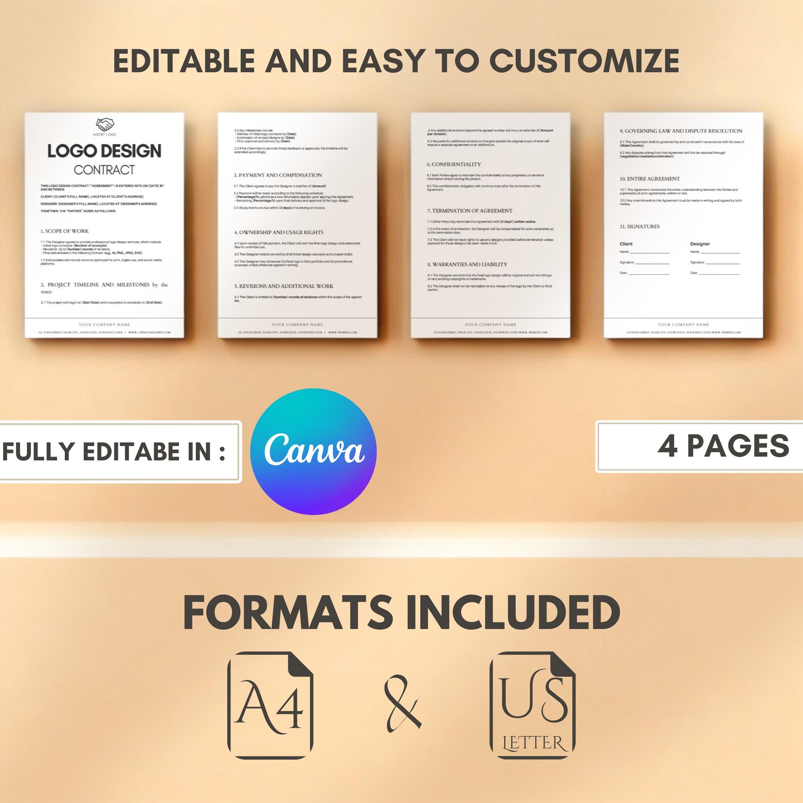 Logo Design Contract Template | Editable Canva Agreement for Freelance ...