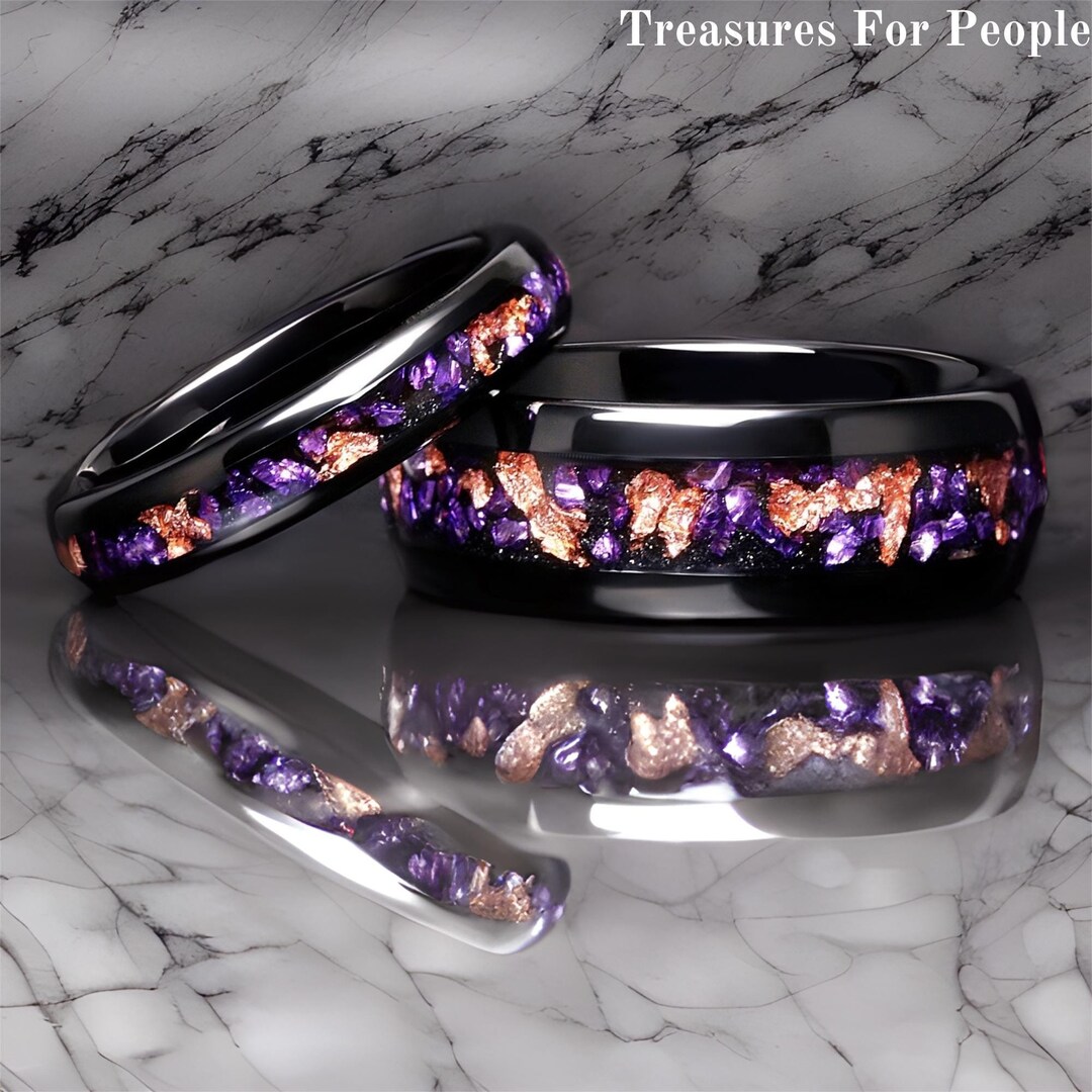 Amethyst Rose Gold Leaf Inlay Black Tungsten Wedding Ring, Women Men ...