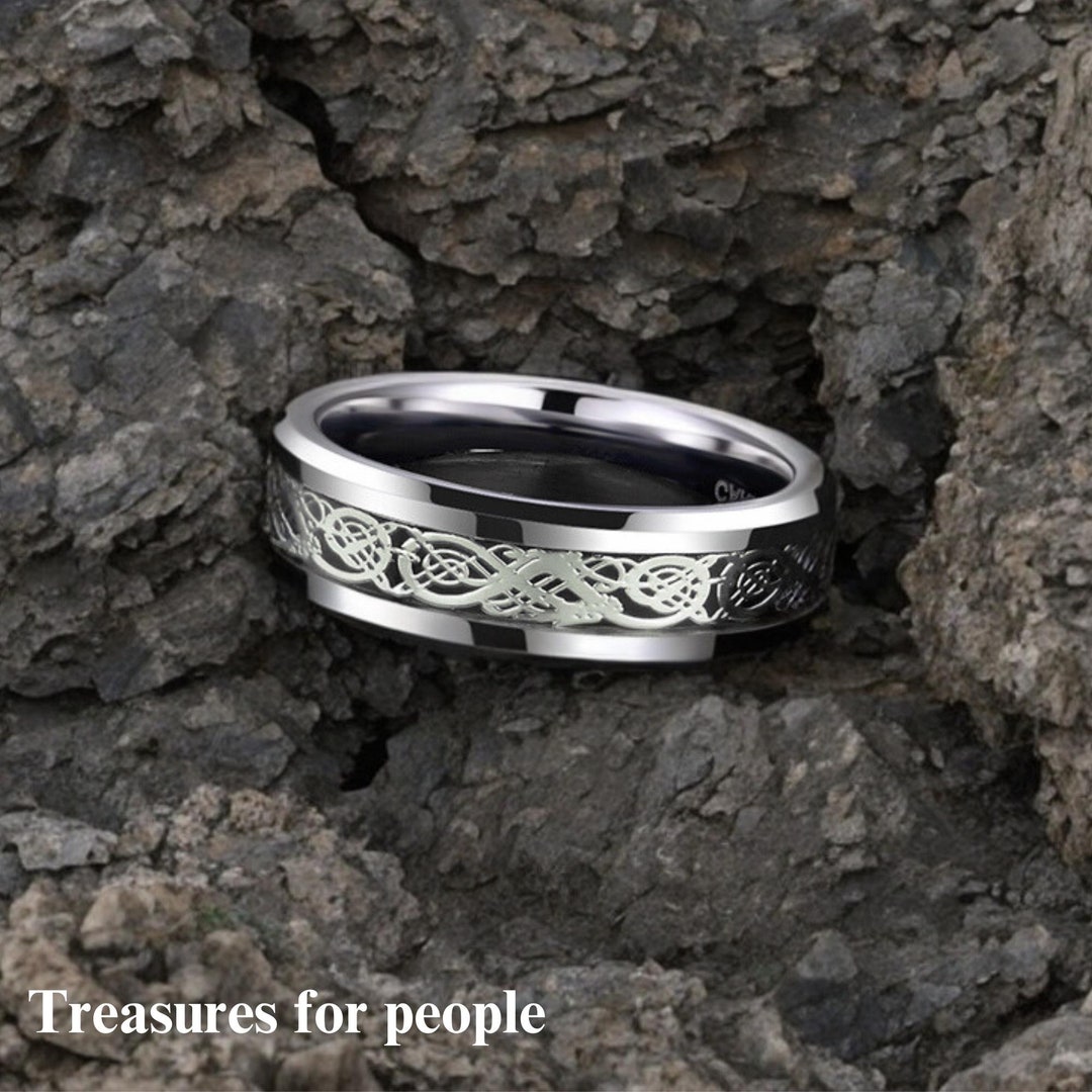 Celtic Dragon Tungsten Ring: Black Carbon Fiber Inlay, Personalized ...