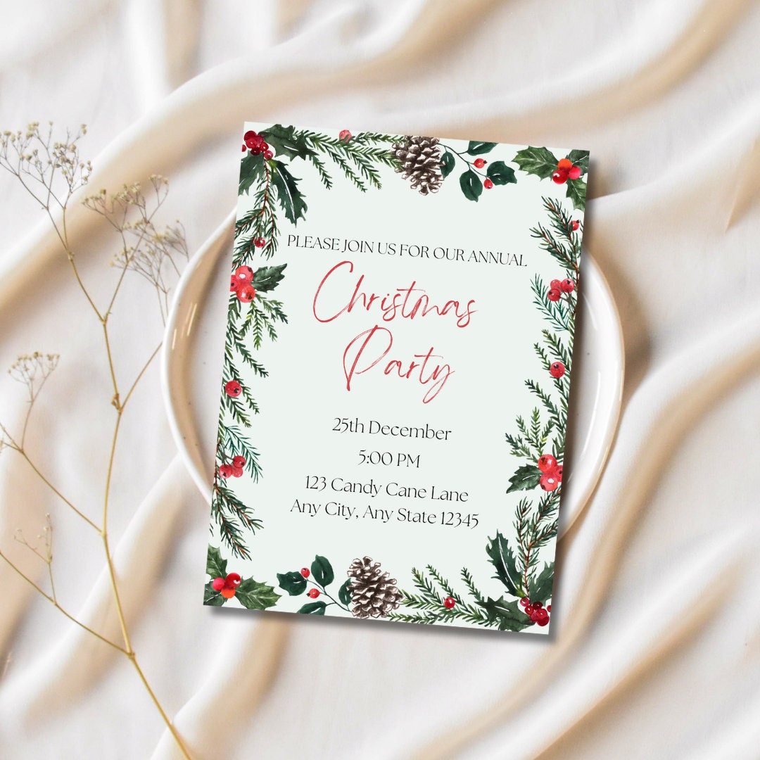 Holly Border Christmas Party Invitation, Christmas Invitation, Invite ...