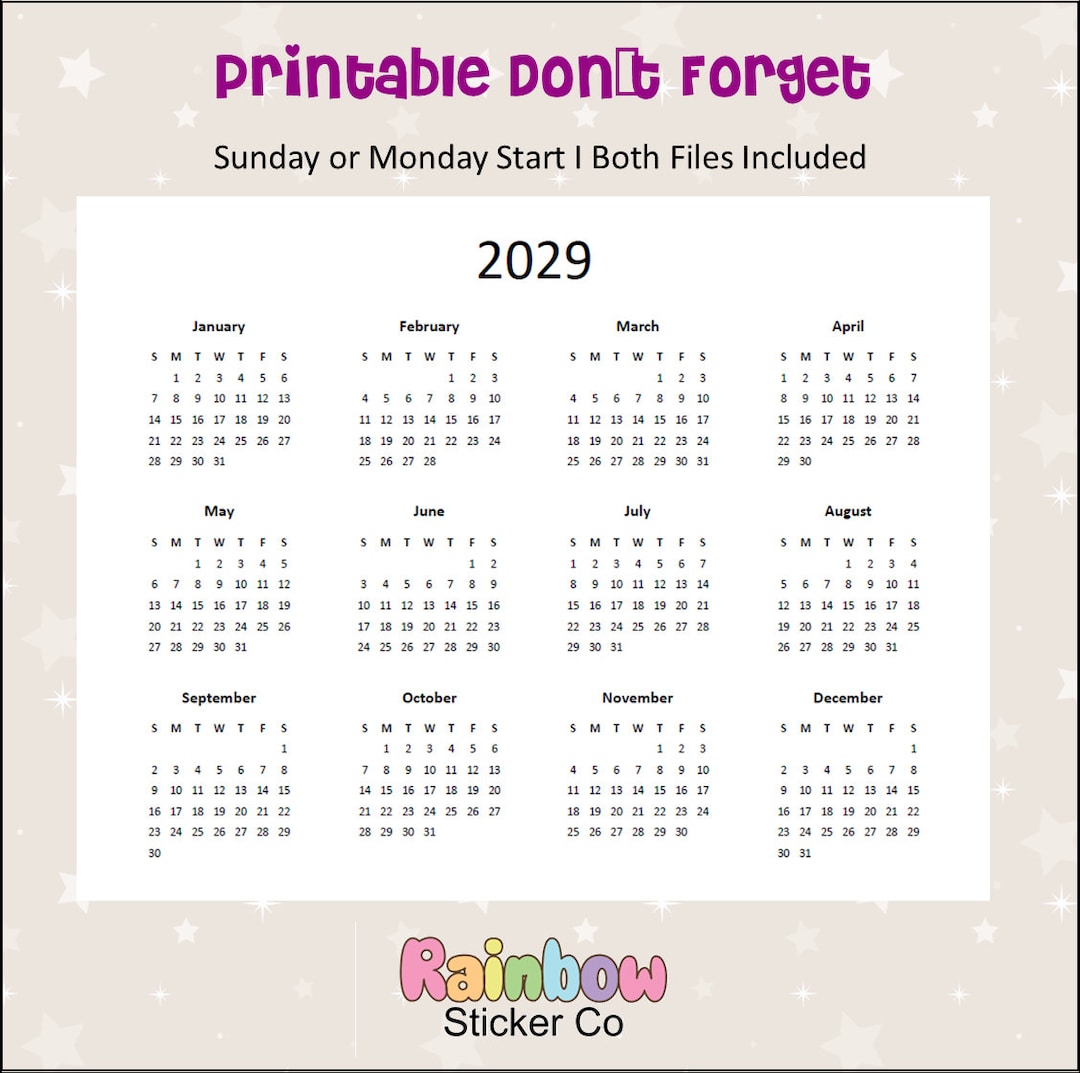 2029 Year at a Glance Printable PDF, 2029 Yearly Calendar, Wall ...