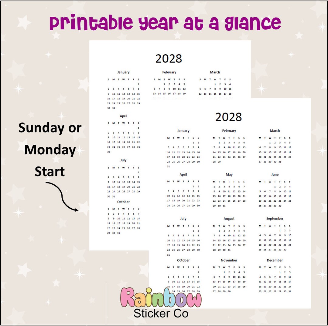 2028 Year at a Glance Printable PDF, 2028 Yearly Calendar, Wall ...