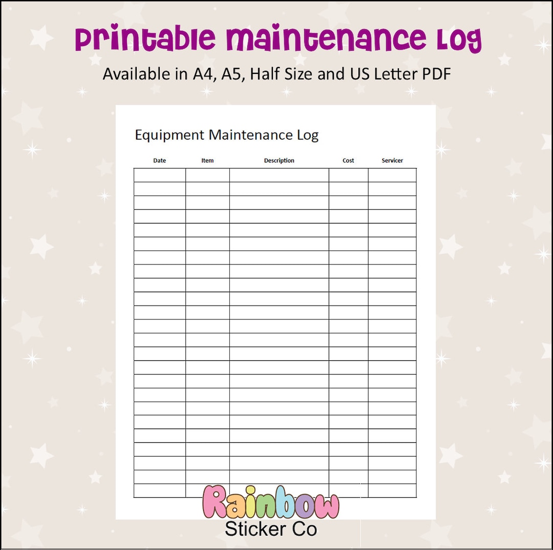 Printable Equipment Maintenance Log, Repair Log, Equipment Expense ...