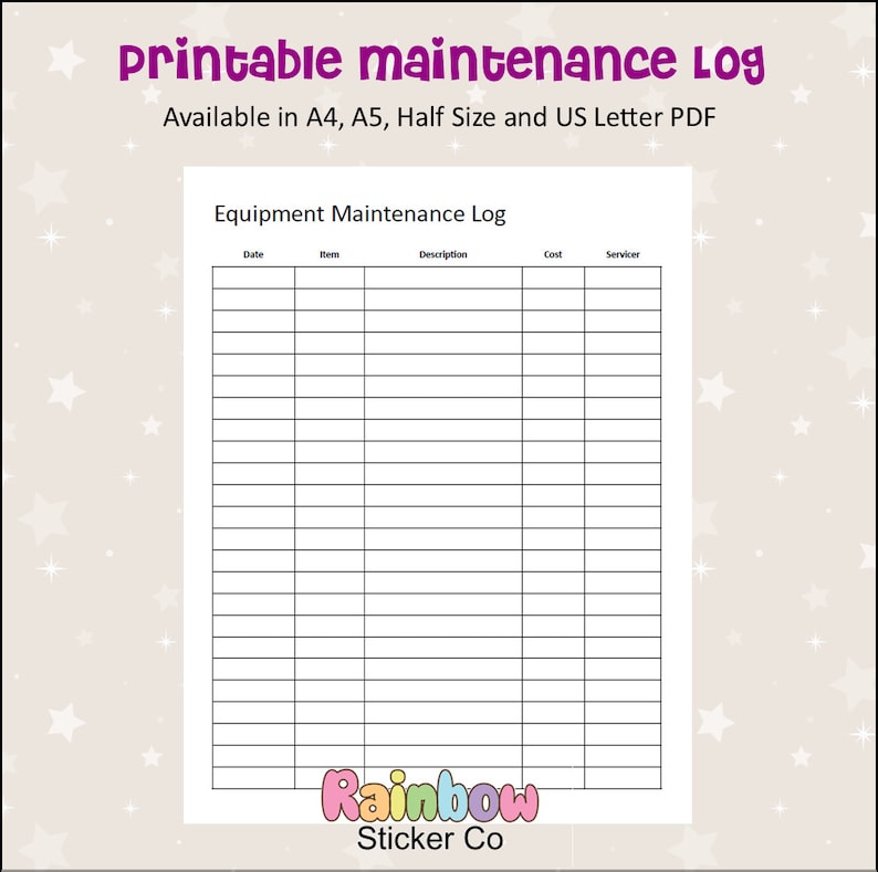 Printable Equipment Maintenance Log, Repair Log, Equipment Expense ...