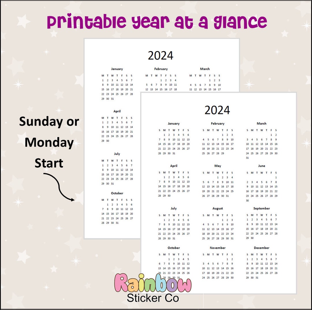 2024 Year at a Glance Printable PDF, 2024 Yearly Calendar, Wall ...