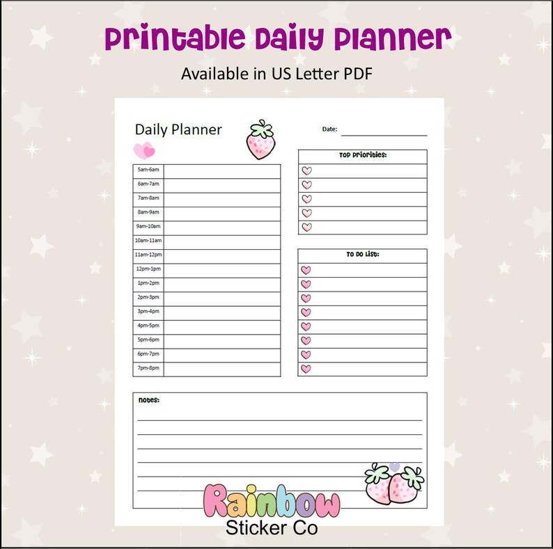Printable Daily Planner, Strawberry Daily Planner, Time Blocking ...