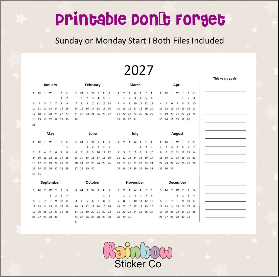 2027 Year at a Glance Printable PDF, 2027 Yearly Calendar, Wall ...