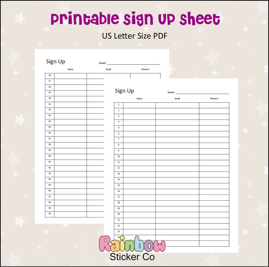 Printable Sign up Sheet, Volunteering Forms, Event Sign up Sheet ...