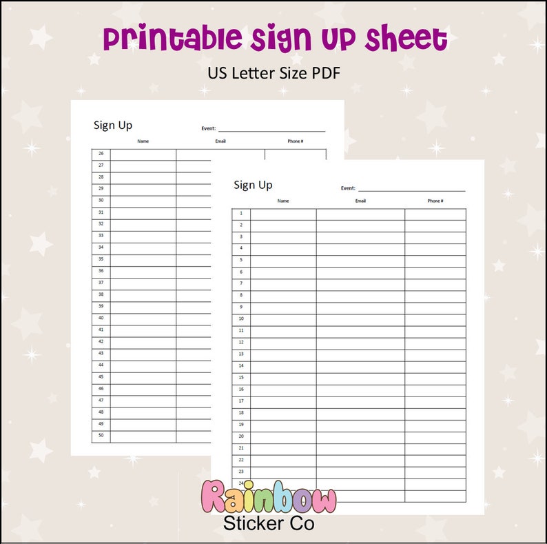 Printable Sign up Sheet, Volunteering Forms, Event Sign up Sheet ...