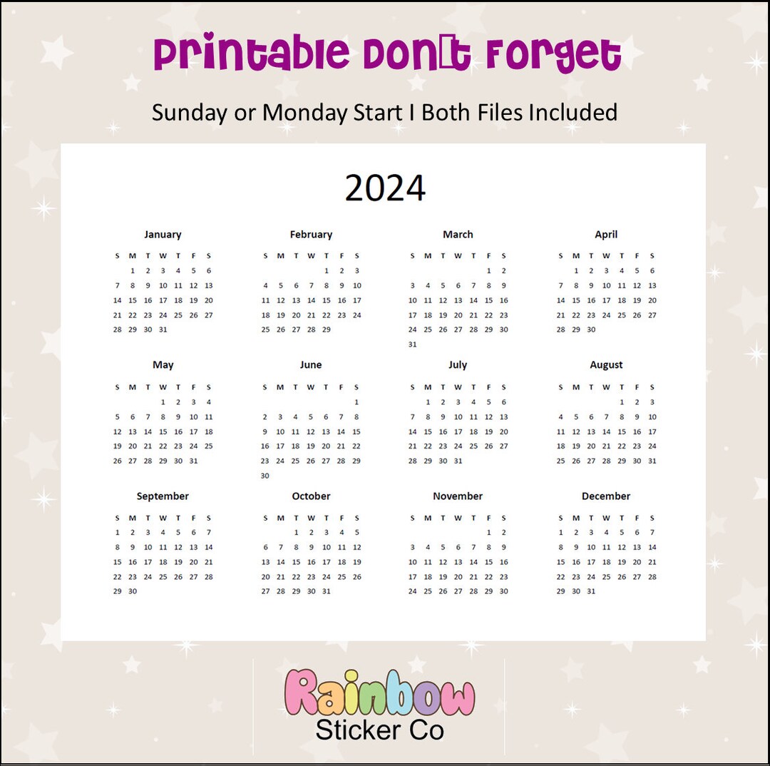 2024 Year at a Glance Printable PDF, 2024 Yearly Calendar, Wall ...