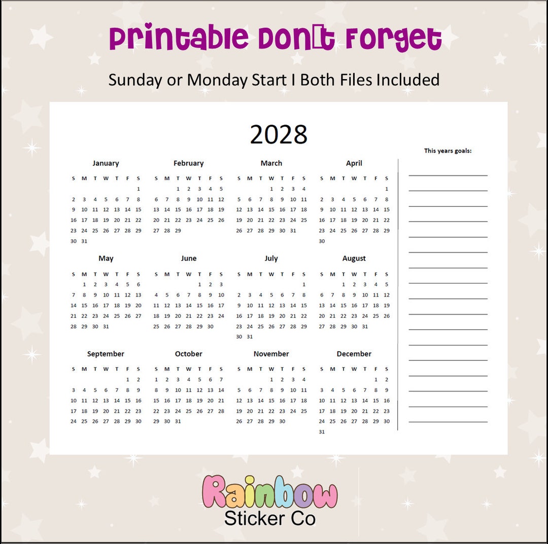 2028 Year at a Glance Printable PDF, 2028 Yearly Calendar, Wall ...