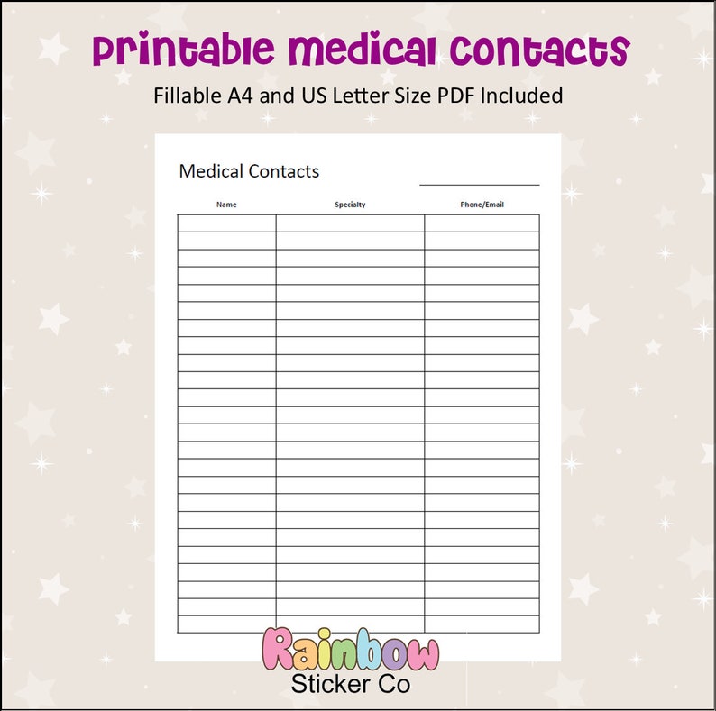 Printable Medical Contact Tracker, Medical Tracker, Healthcare Contacts ...