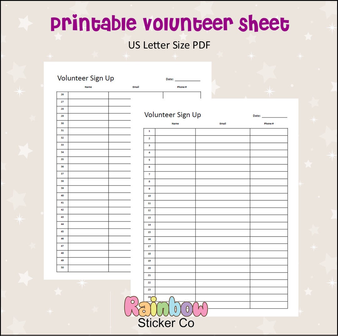 Printable Volunteer Sign up Sheet, Volunteering Forms, Event Sign up ...