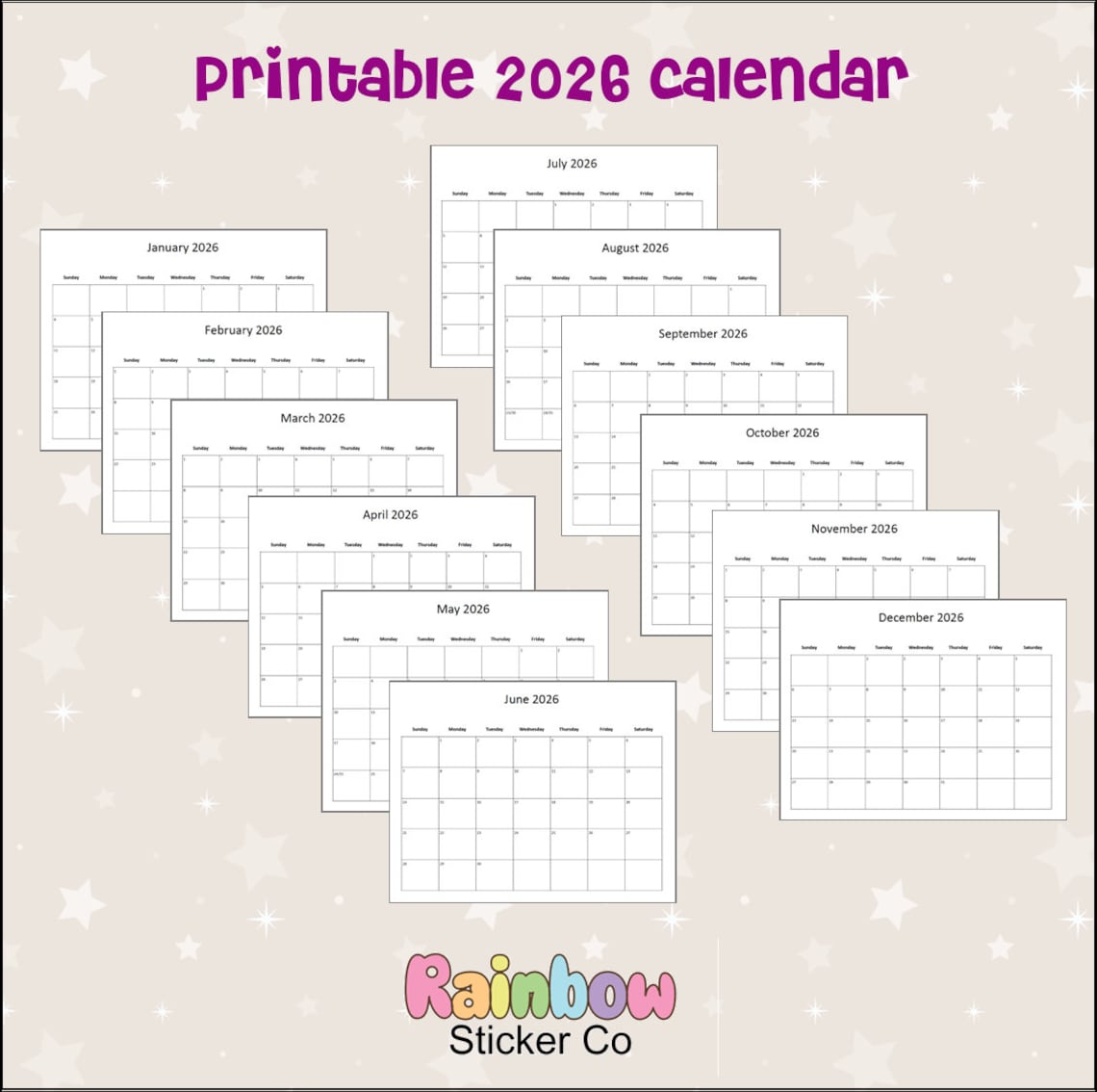 Printable 2026 Monthly Calendars, Minimalist Design, Editable 12 Month ...