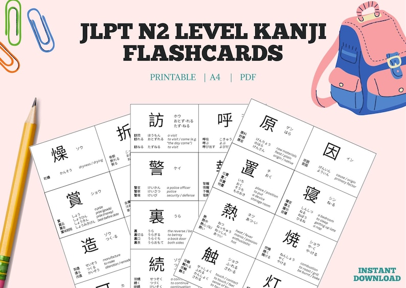 JLPT N2 Kanji Flashcards, Japanese Printable (PDF Download) - Etsy