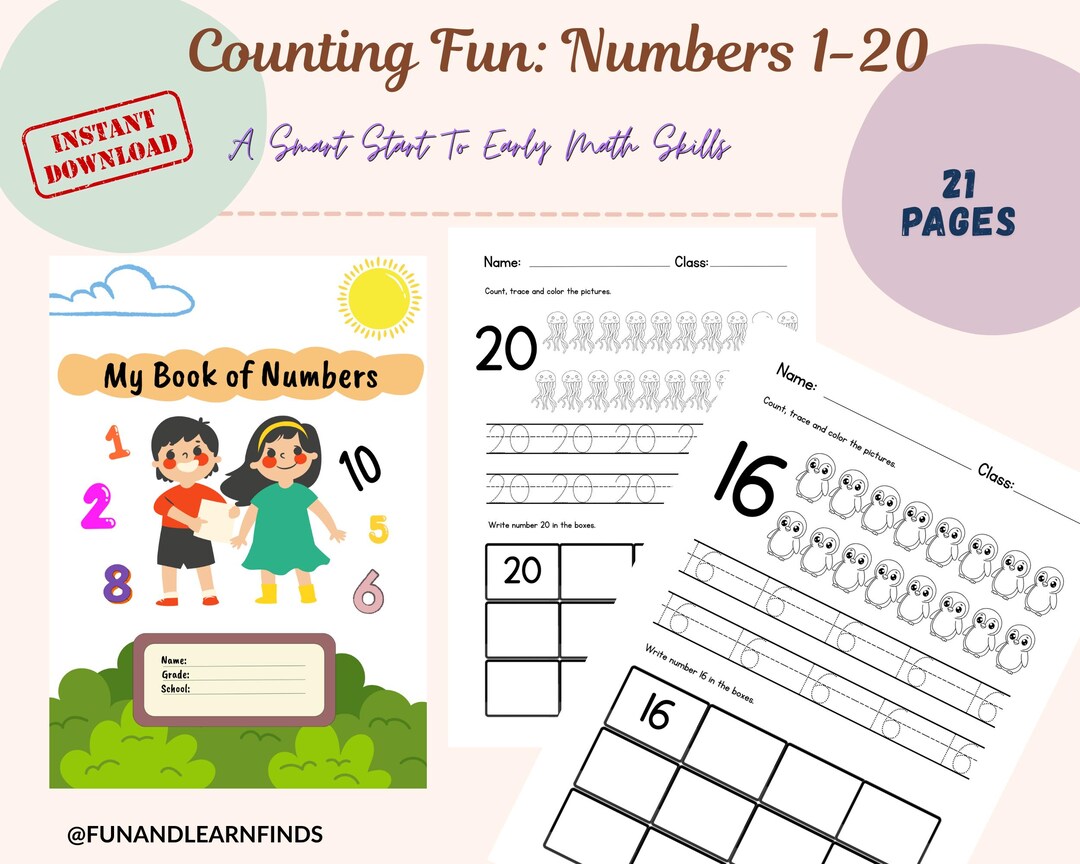 Educational Math Printables Counting, Tracing, Coloring Numbers 1-20 ...